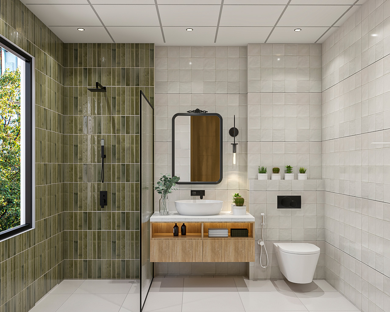Green and Off-White Tiled Combination Modern Bathroom Design with ...