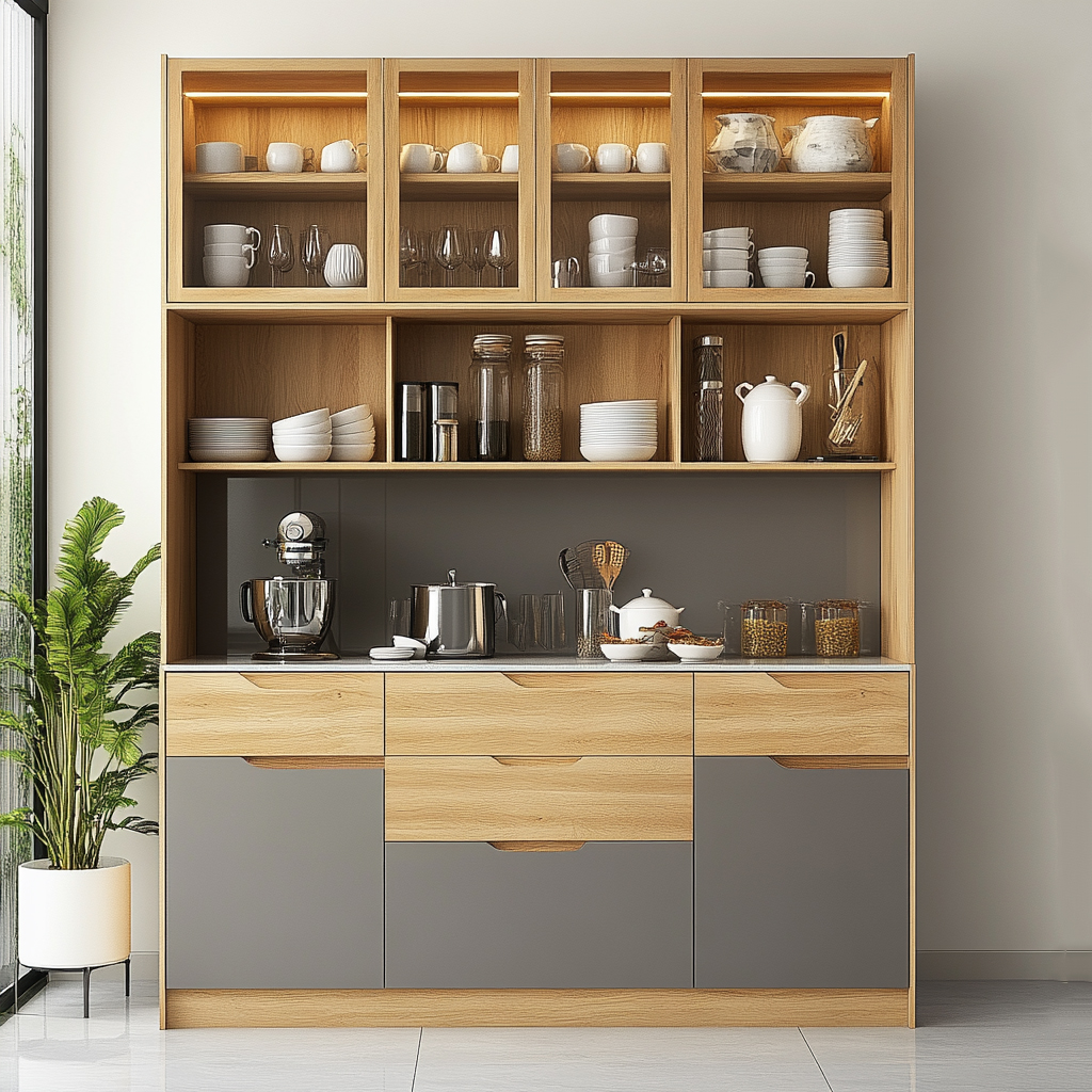 Modern Crockery Unit Design with Open and Closed Storage, Oak Structure ...