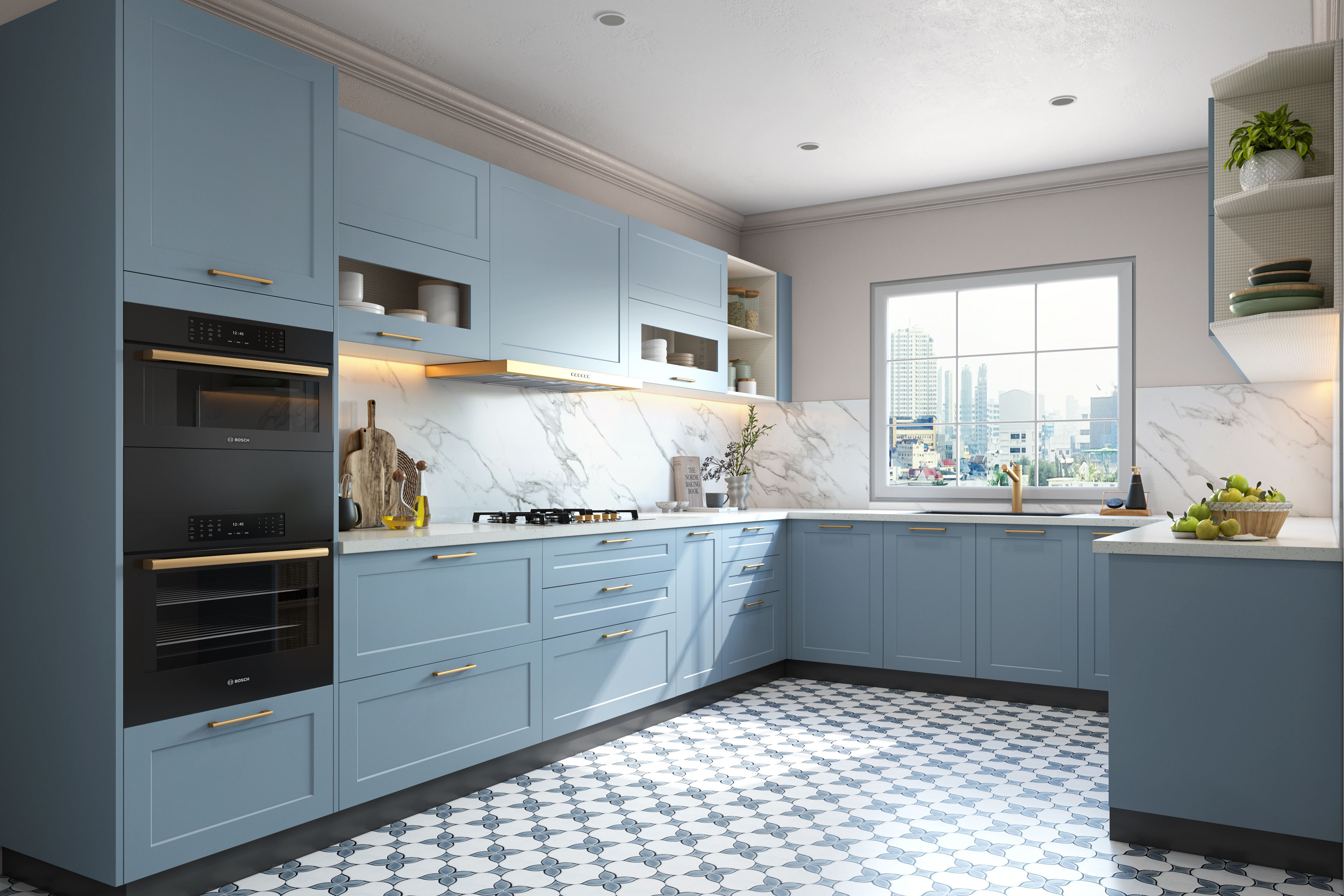 Blue and White Classic Kitchen Floor Tiles Flooring Design with ...