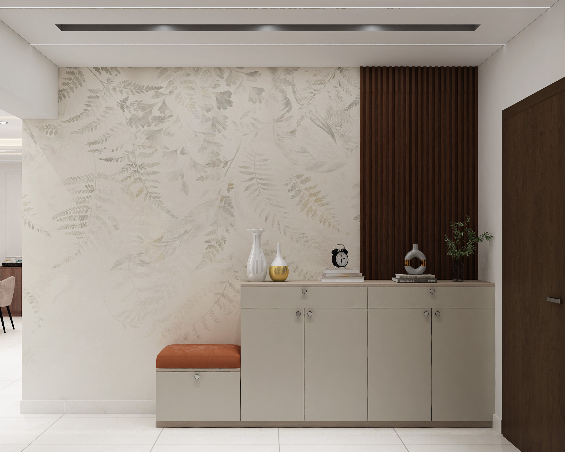 Modern Foyer Design with Pumic Grey Suede Laminate Storage Units | Livspace