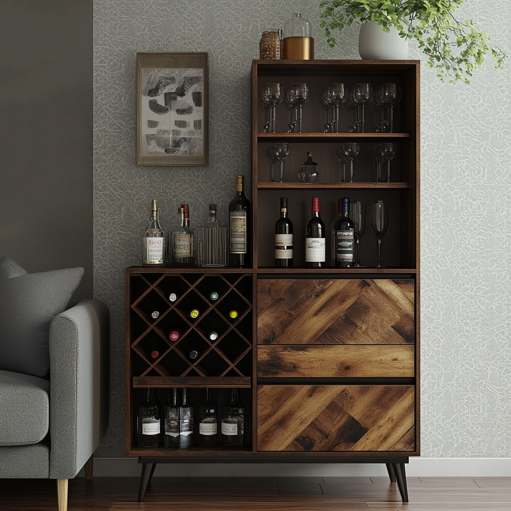 Rustic Home Bar Design with Walnut Brown Wood, Wine Rack, and Storage ...