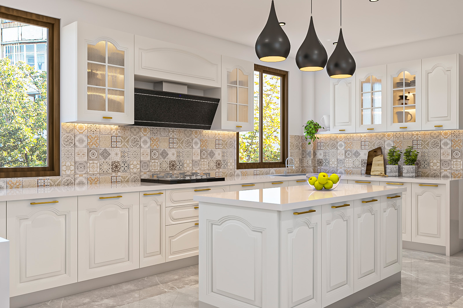 Classic Island Kitchen Design in Off White With Glass Cabinets and ...