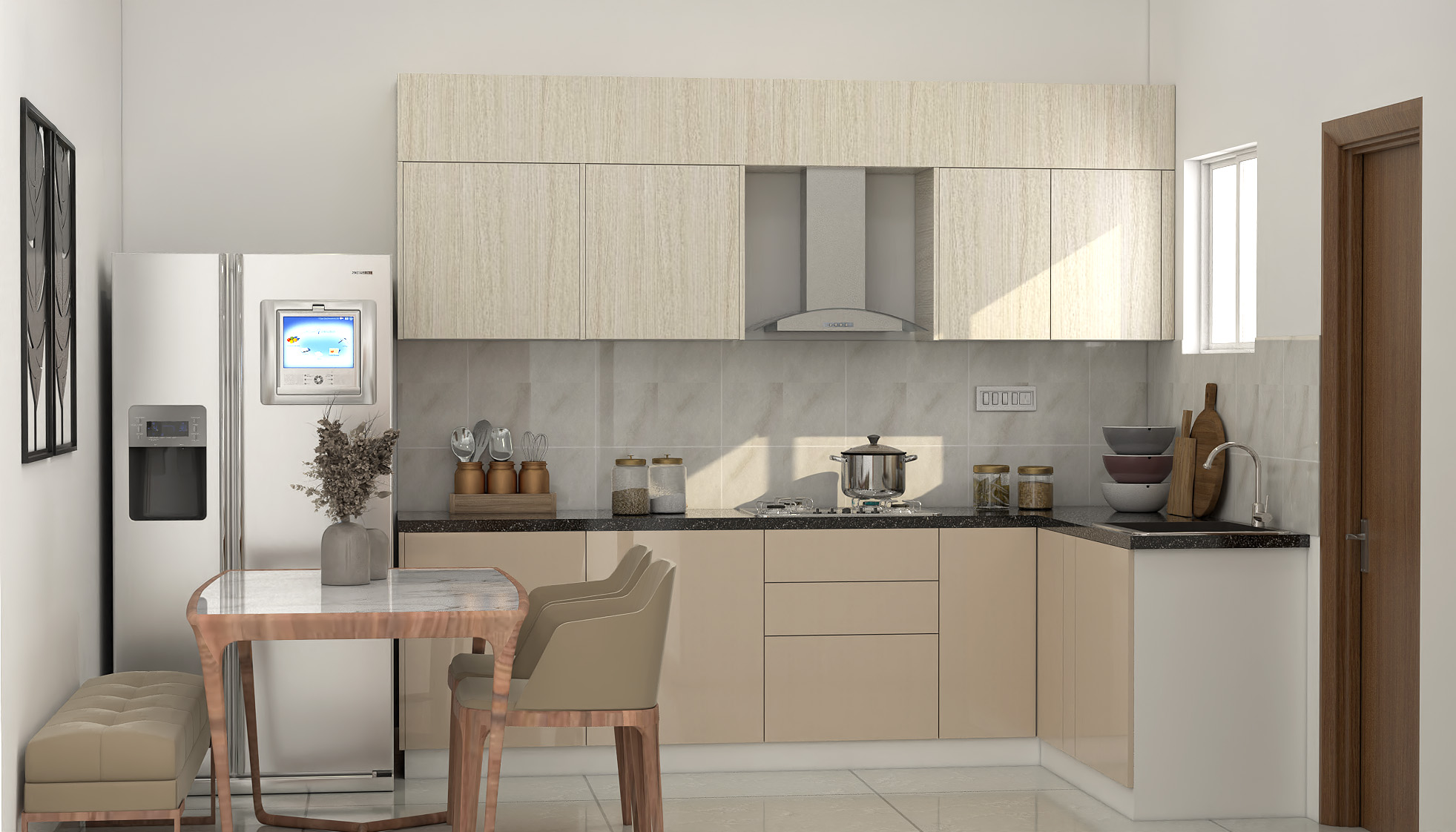 Contemporary L-Shaped Kitchen Design With Granite Top, Handleless ...