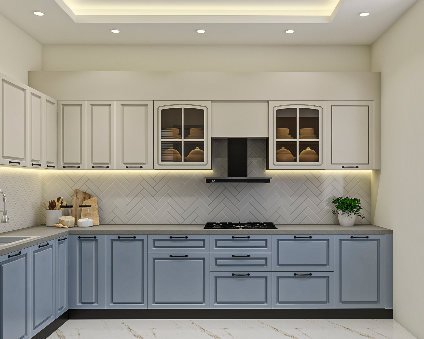 Classic Blue and White U-Shaped Kitchen Design with Quartz Countertop ...
