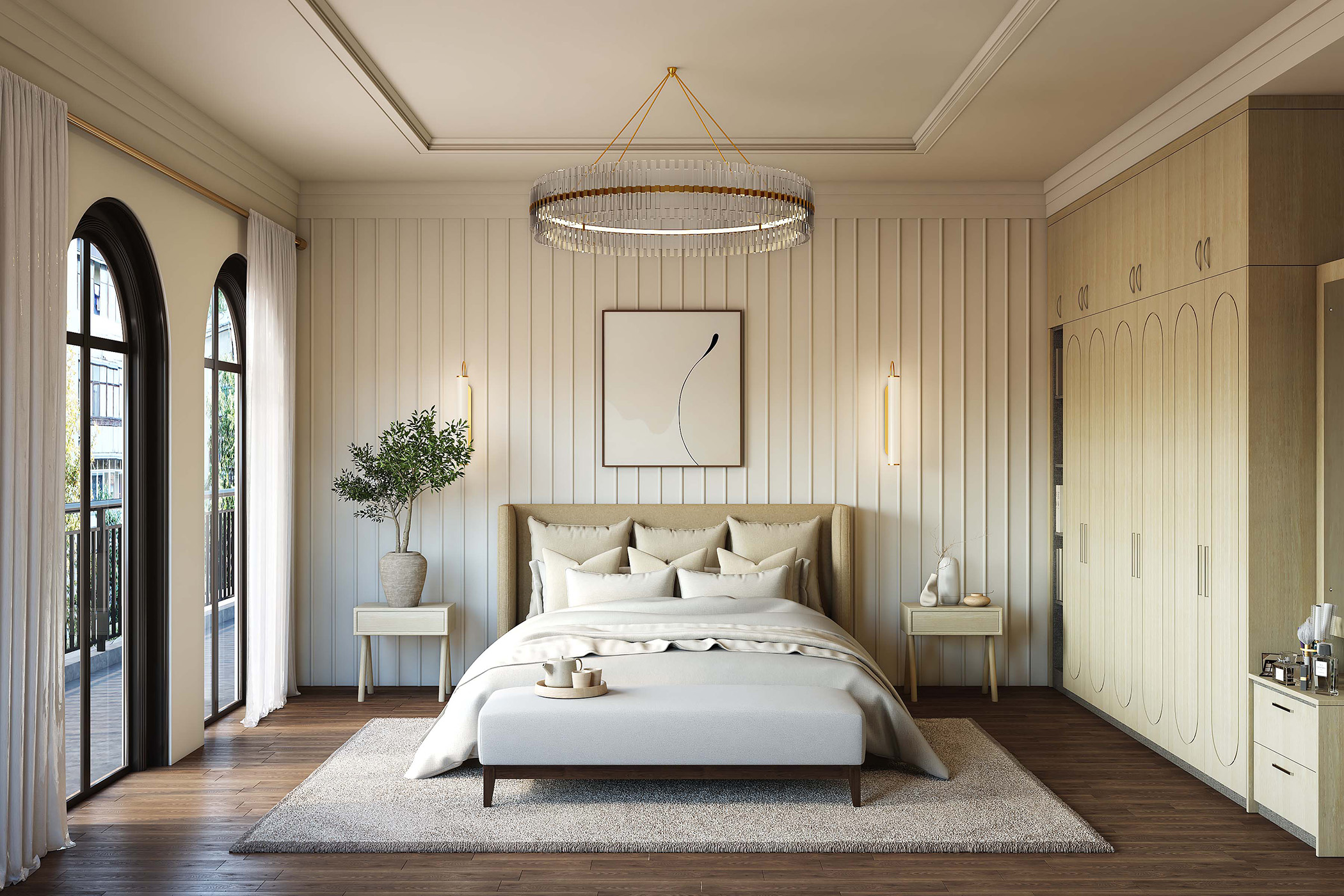 Minimal Master Bedroom Design with Wooden Panels and Arched Glass Doors ...