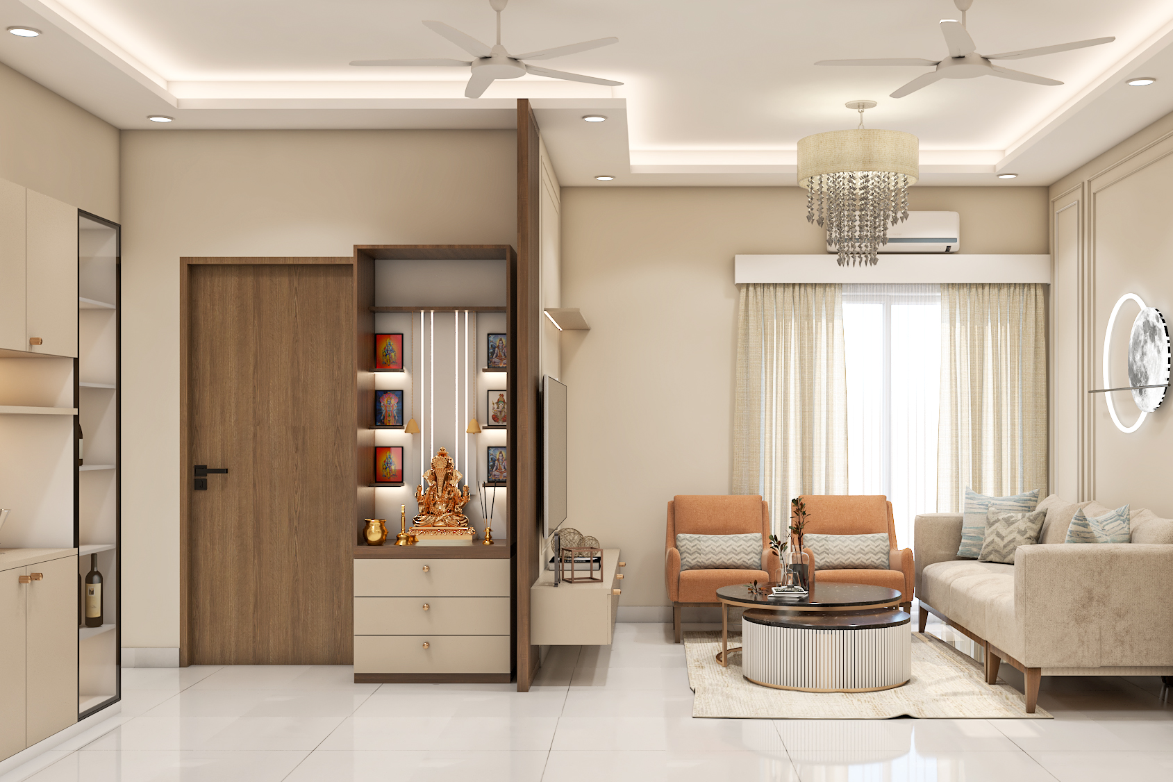 Irish Cream Modern Floor-Mounted Pooja Unit Design with Open and Closed ...