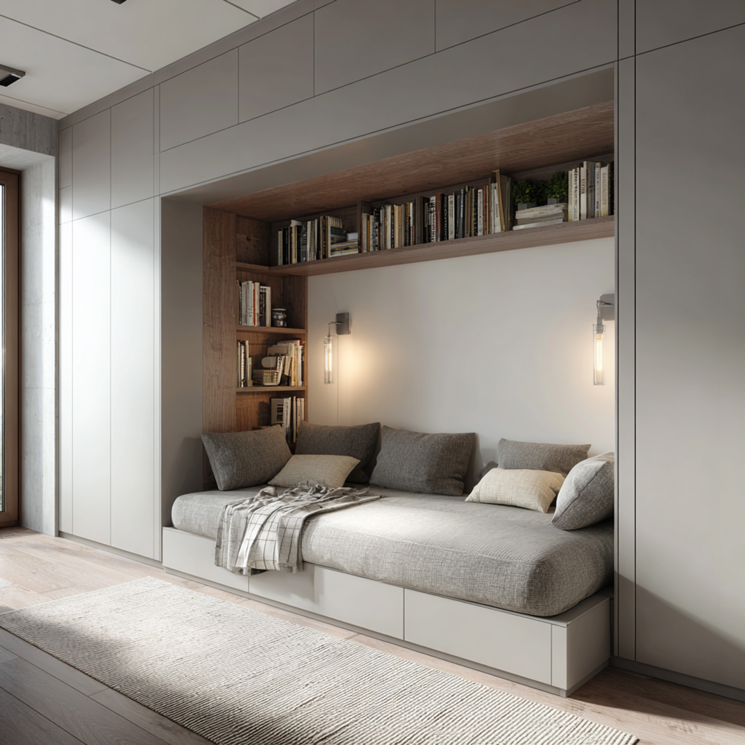 Recessed Daybed Space-Saving Design with Full-Height Storage Cabinets ...