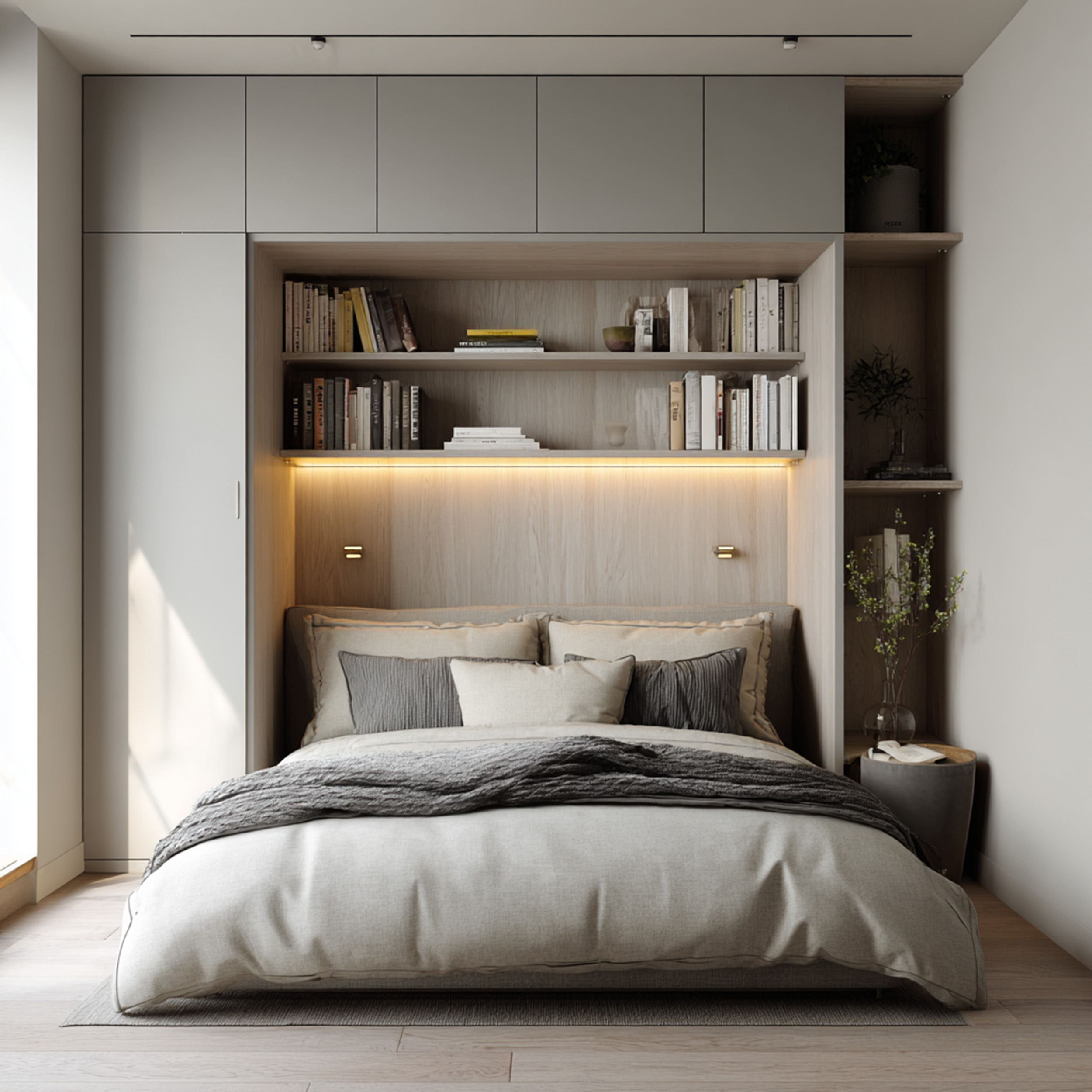Master Bedroom Design with Wall Storage and Overhead Headboard Shelves ...