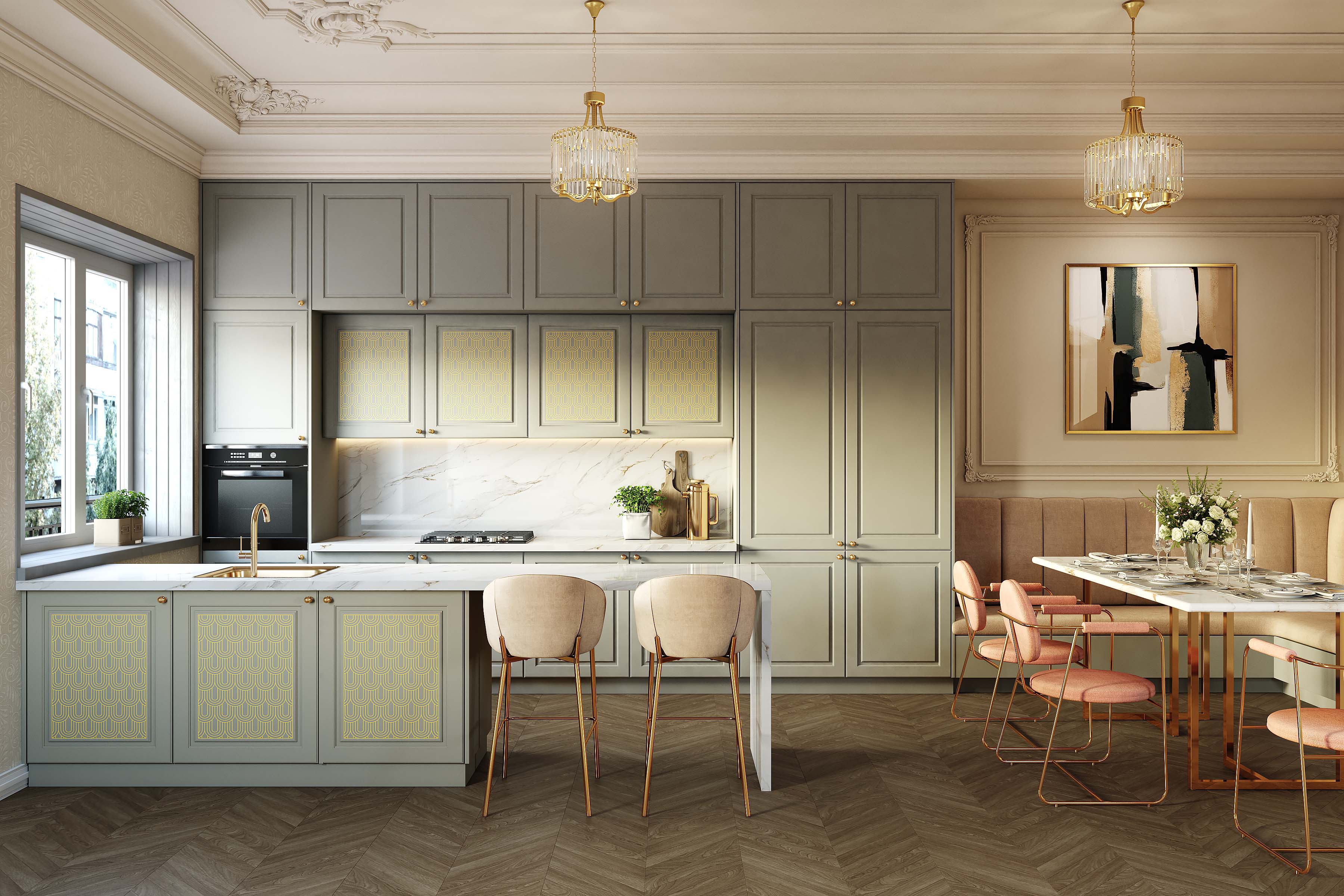 Space-Saving Kitchen-Dining Layout with Integrated Storage and Built-In ...