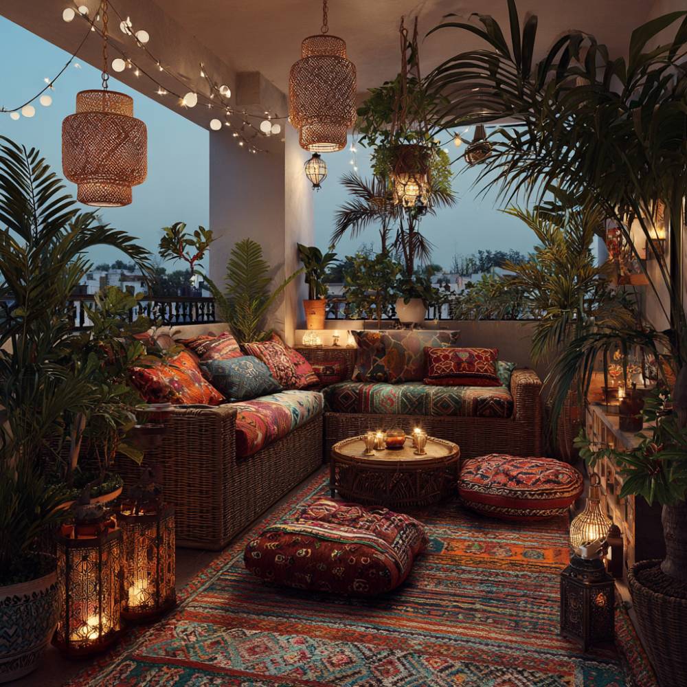 Balcony Design with Hanging Lanterns and Bohemian Cane Sofas | Livspace