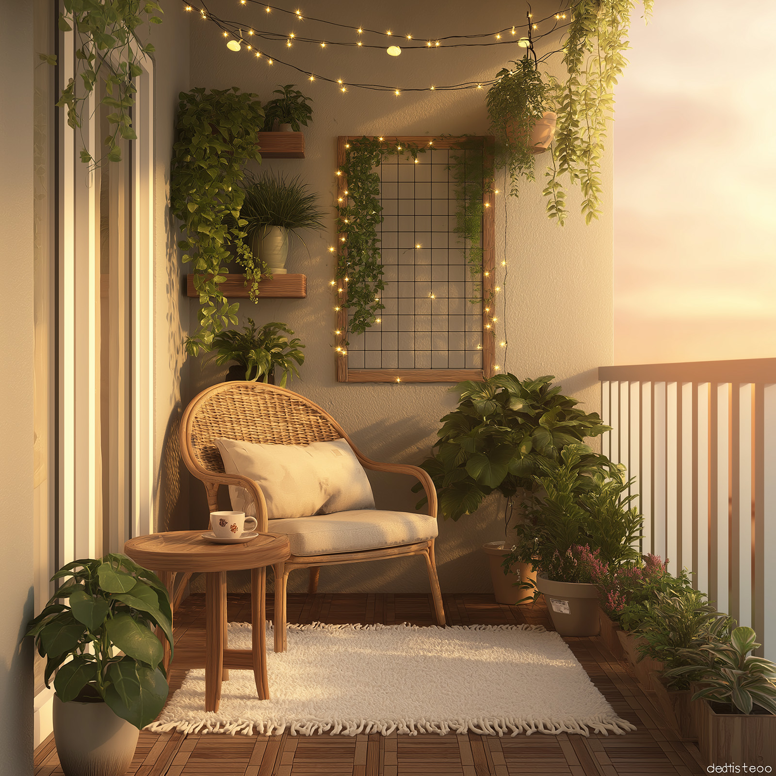 Bohemian Balcony Design Featuring Vertical Grid Frame with Hanging ...