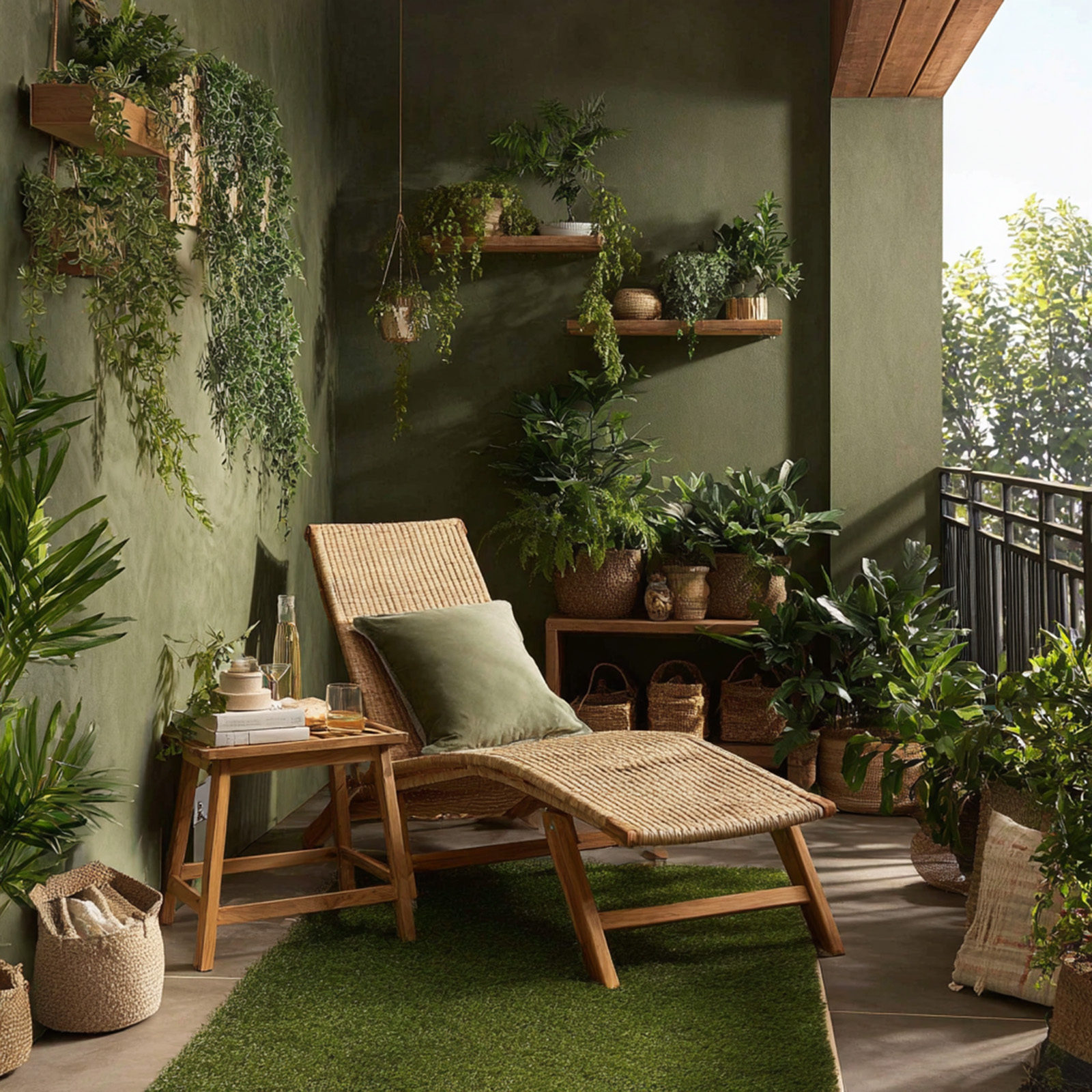 Tropical Balcony Design With Floating Shelves, Plants and Wicker ...