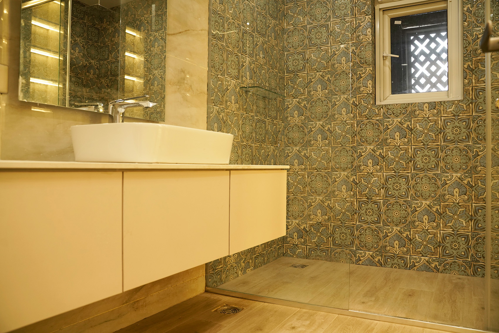 Bathroom Design with Rustic Green Tiles, Wooden Flooring and Quartz ...