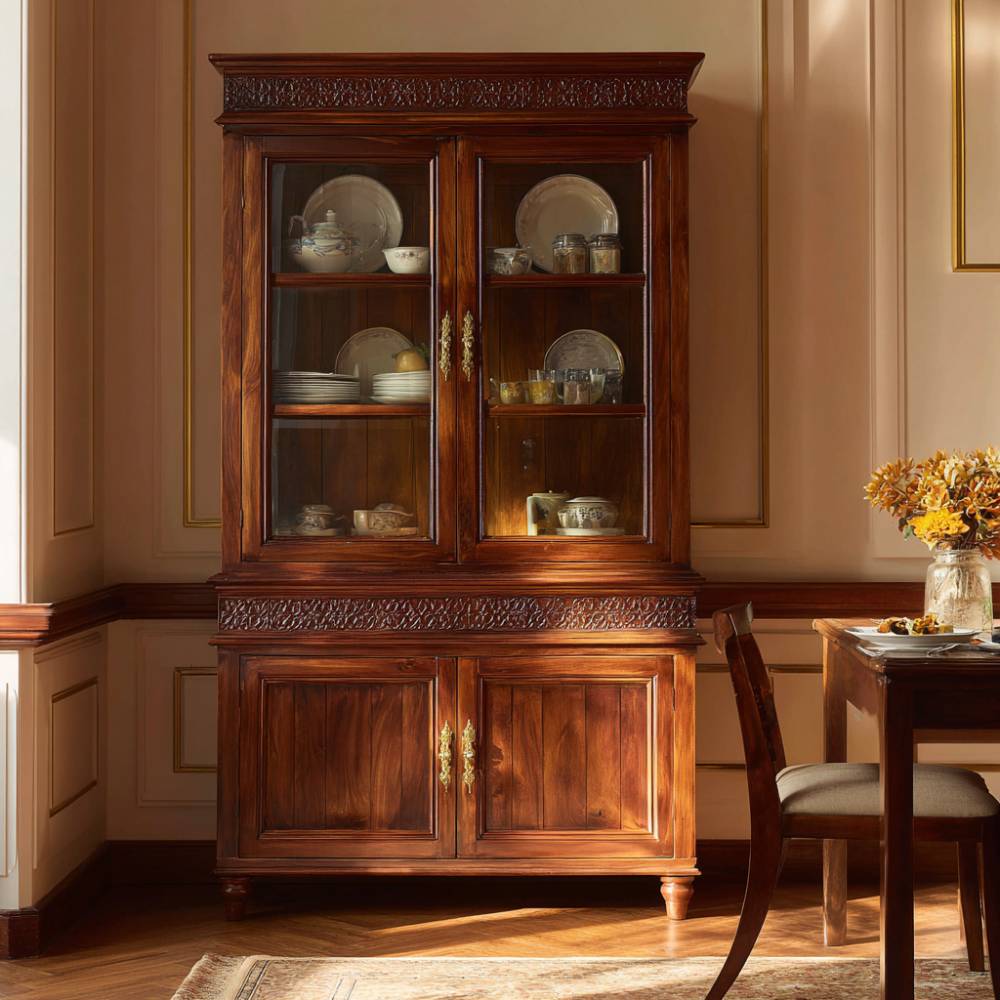 Indian Traditional Crockery Unit Design with Rich Wood Finish and Brass ...