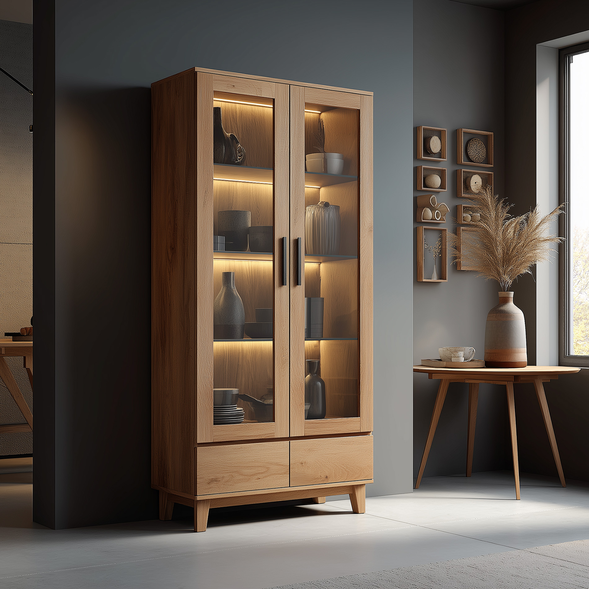 Matte Finish Modern Wood Crockery Unit Design with Glass Display and ...