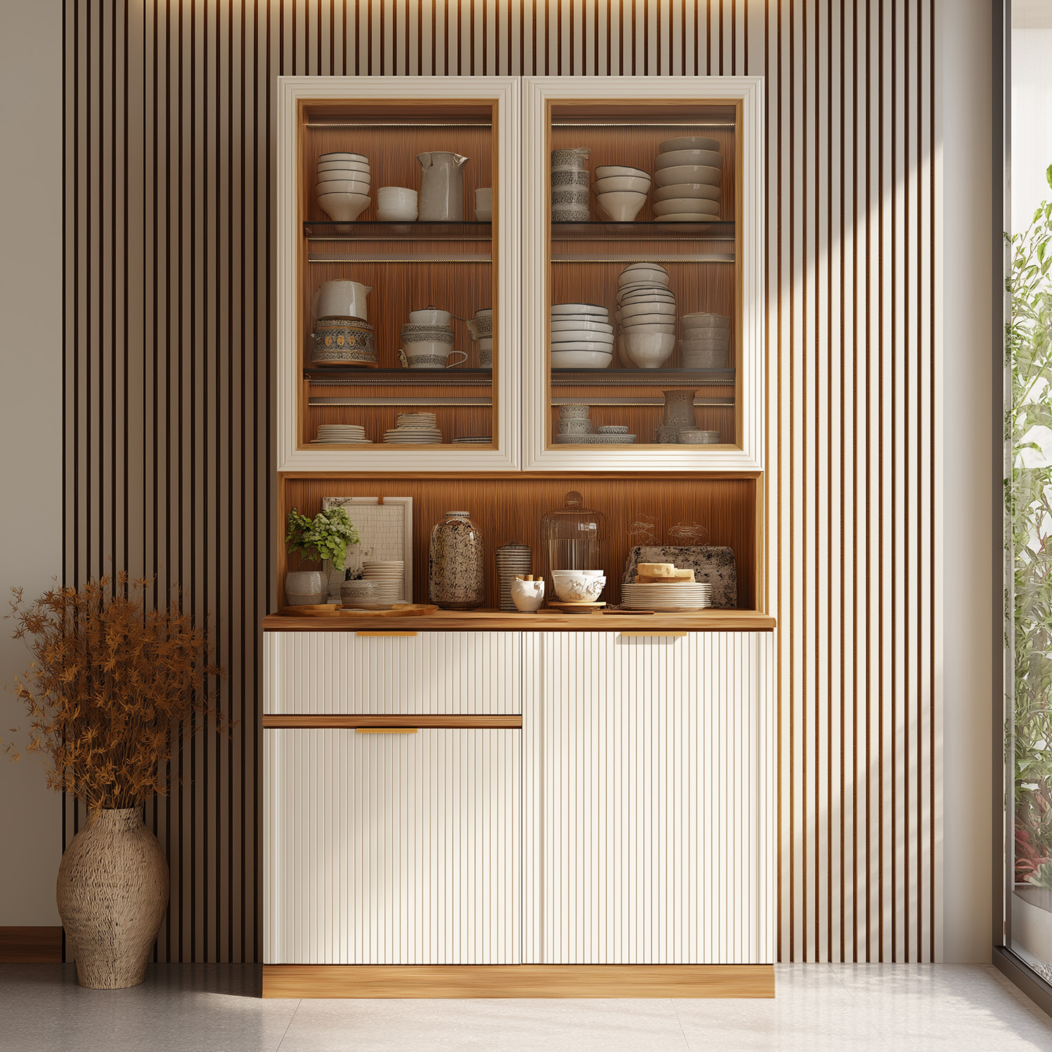 Classic Ivory Crockery Unit Design with Glass Display and Closed ...