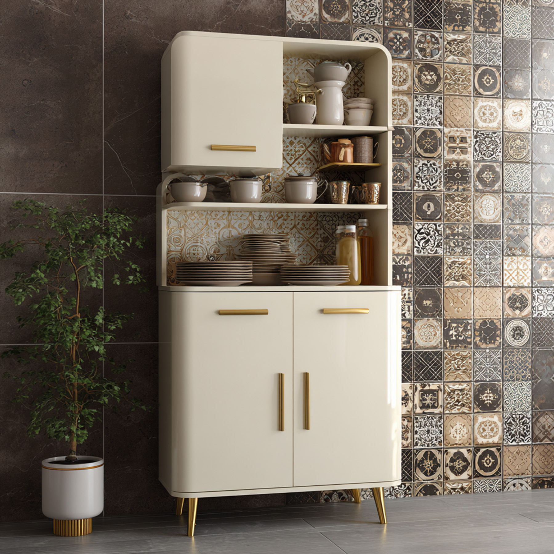 Contemporary Crockery Unit Design With Glossy Finish and Tiled Back ...