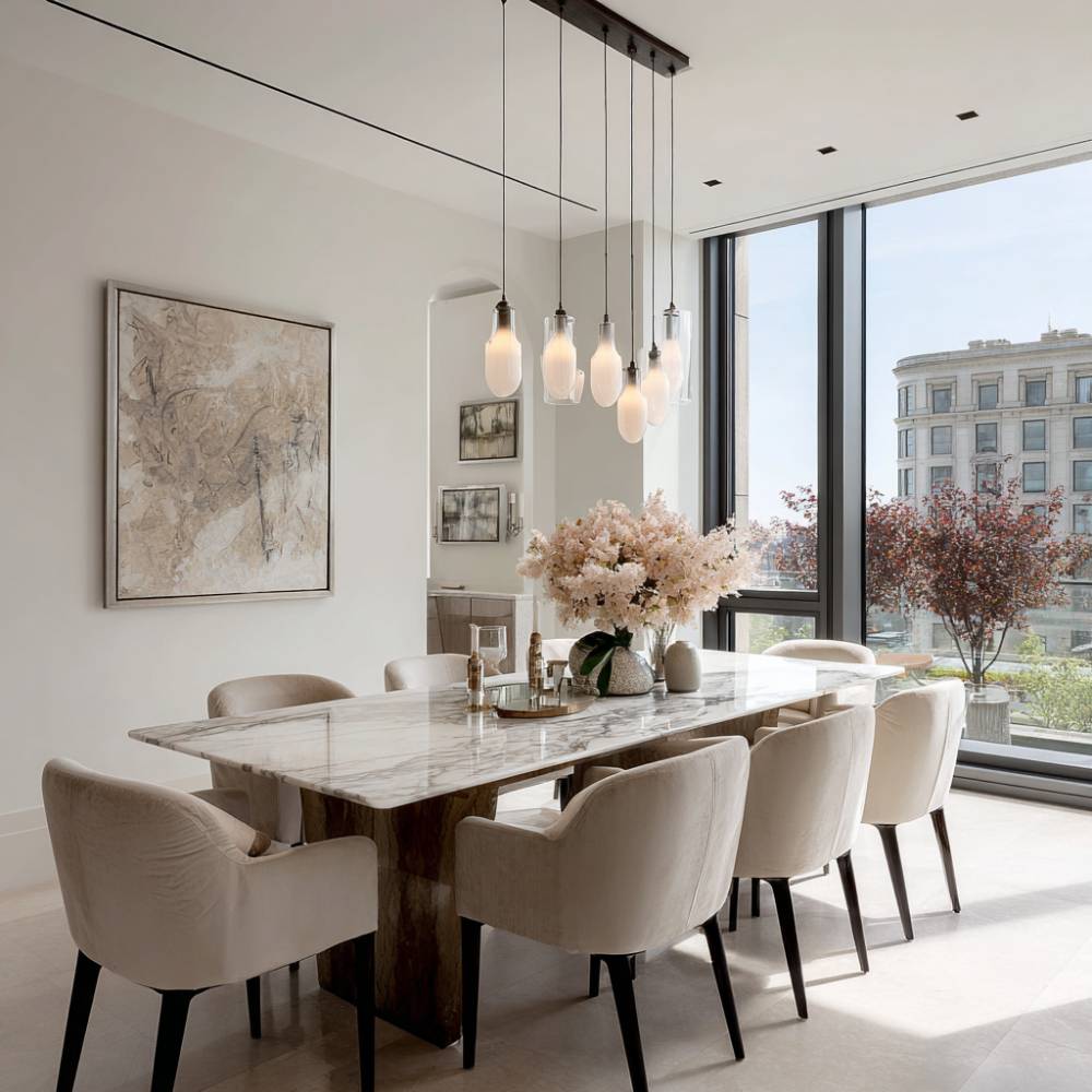 Dining Room Design Featuring Modern Concealed Storage, Beige Chairs and ...