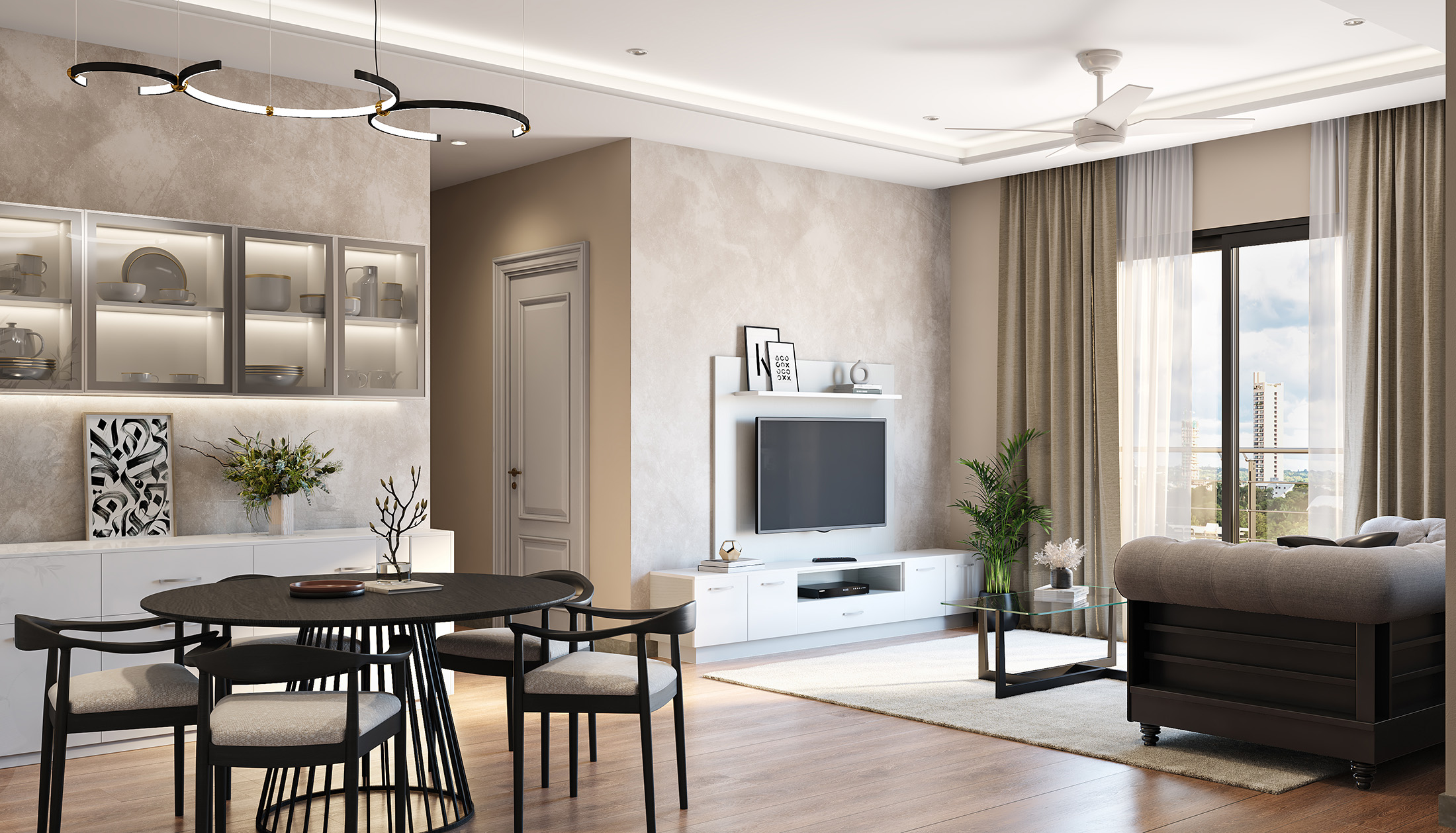 Modern Dining Room Design with Matte Black Table and Backlit Crockery ...