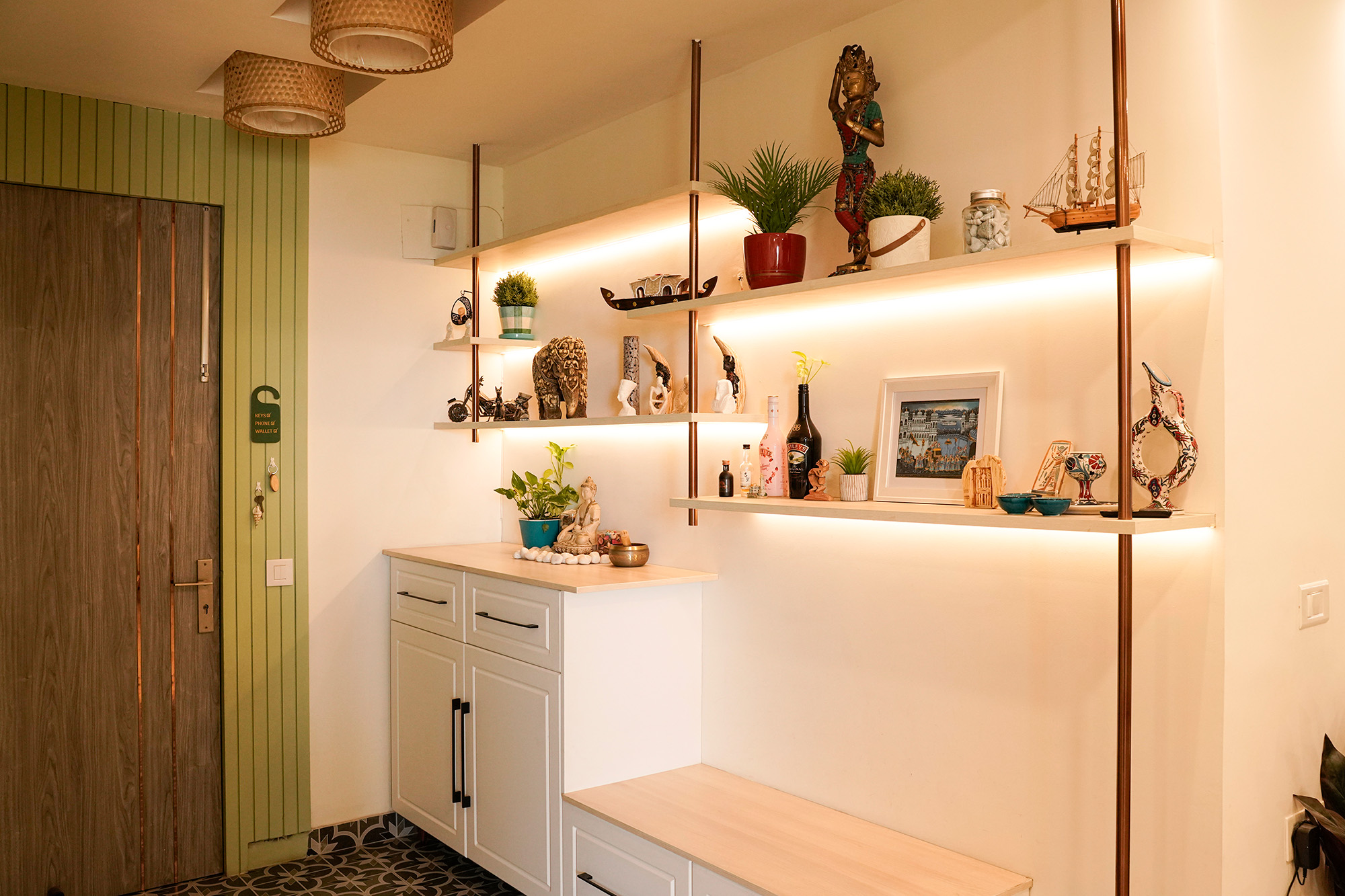 Contemporary Foyer Design With Storage Cabinets And Display Wall ...