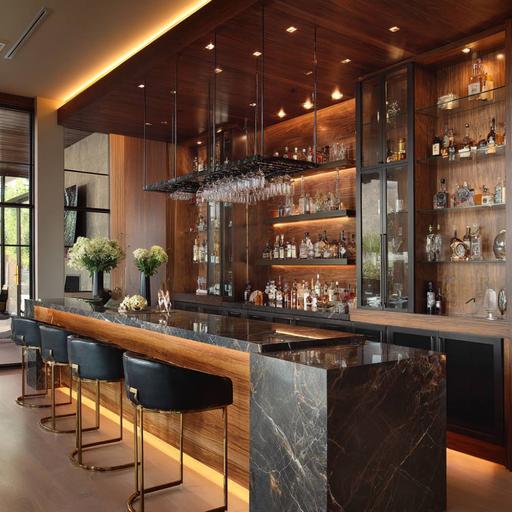 Home Bar Design with Modern Marble Countertop, Drawers and Shelves ...