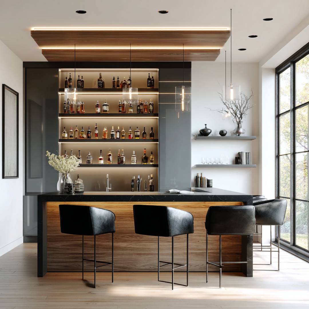 Glossy Gothic Grey Modern Home Bar Design With Display Storage | Livspace