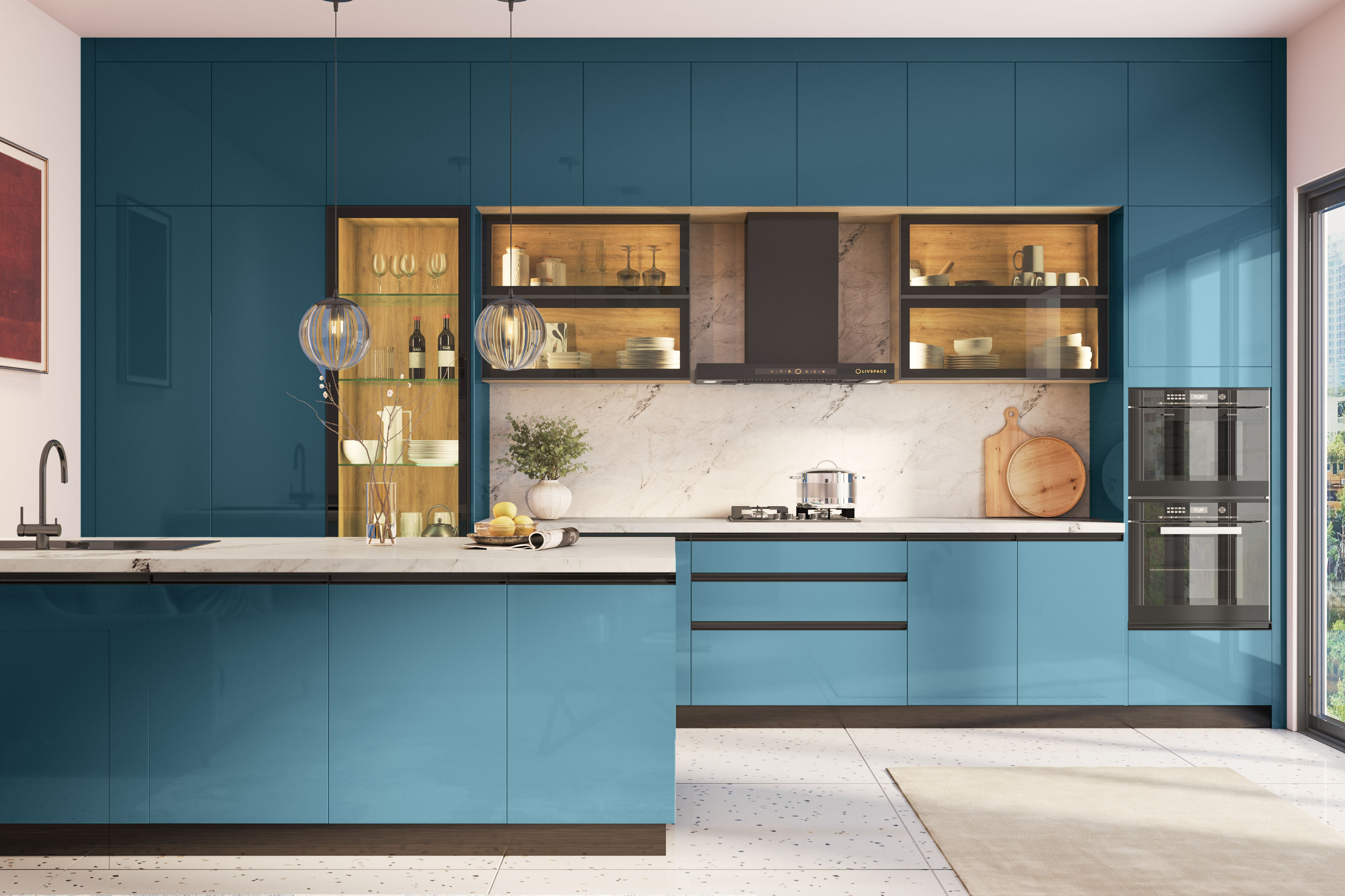 Deep Teal Modern Open Kitchen Design with Quartz Countertop | Livspace