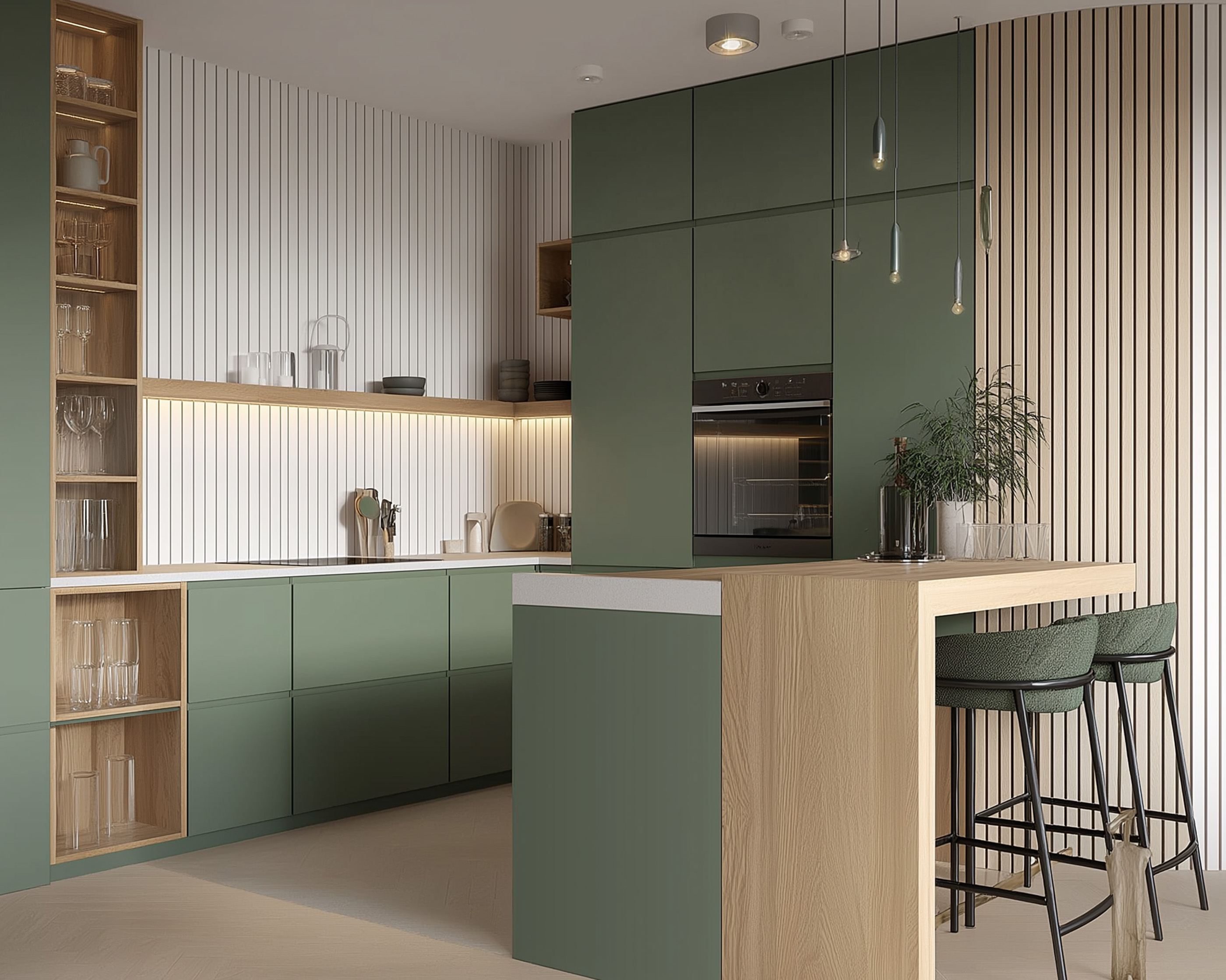 L-Shaped Modern Kitchen Design with Peninsula Counter, Open Shelving ...