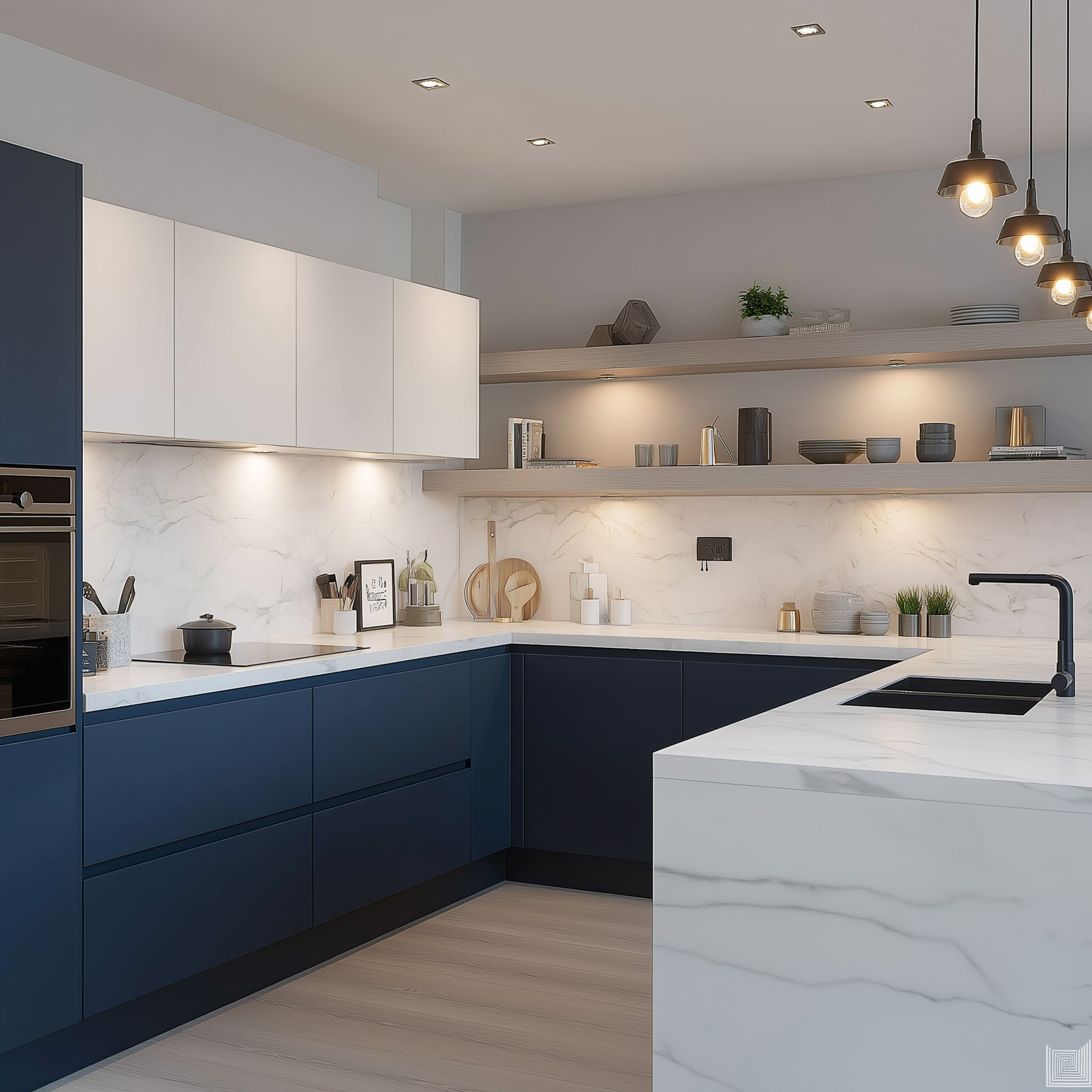 Contemporary U-Shaped Kitchen Design with Blue Cabinets and Quartz Top ...