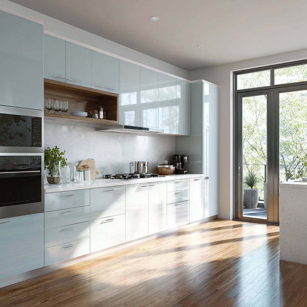 Modern Celestial Blue Open Kitchen Design with Handle-less Storage ...