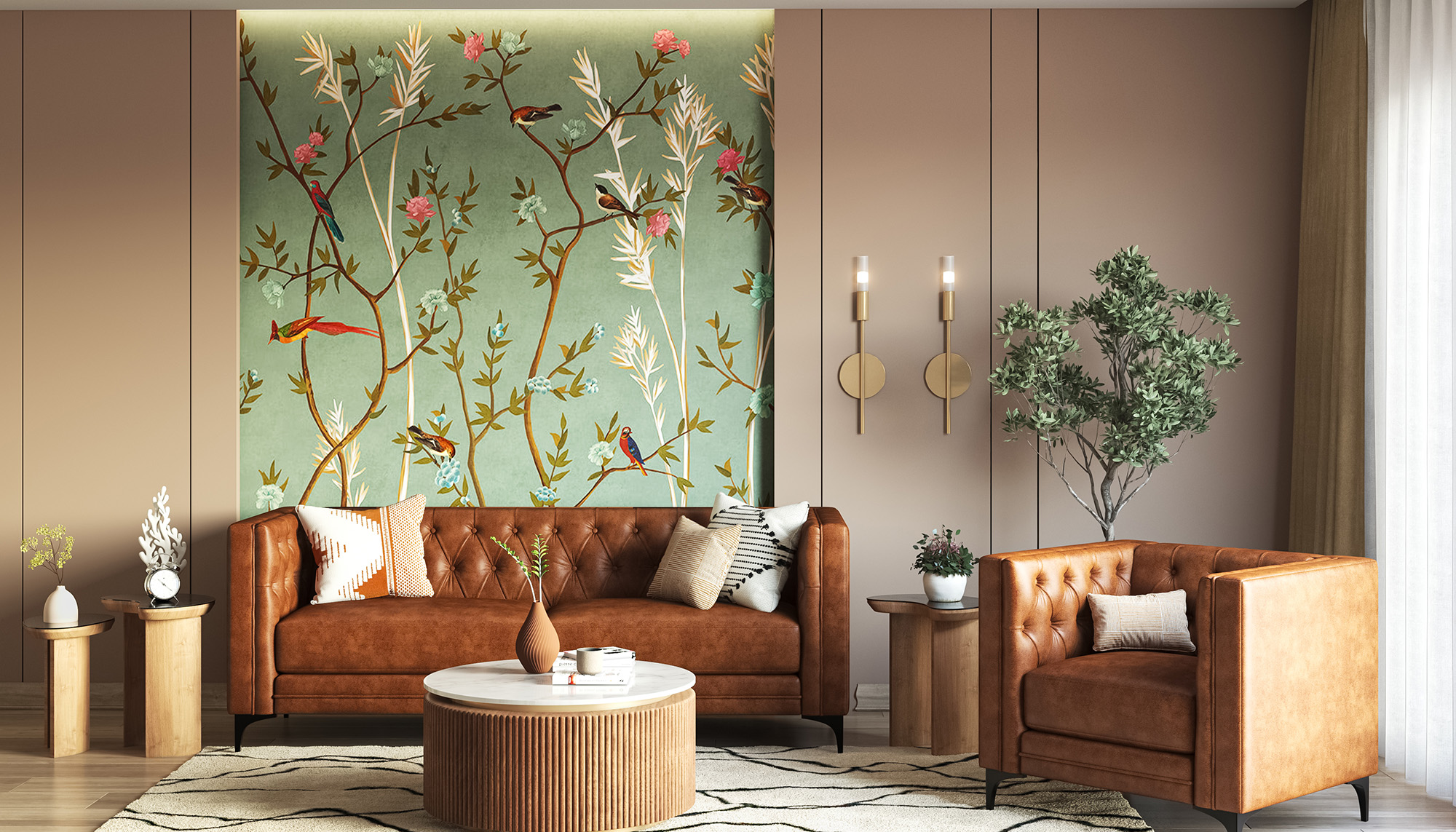Contemporary Living Room Design With Leather Sofa and Botanical Wall ...