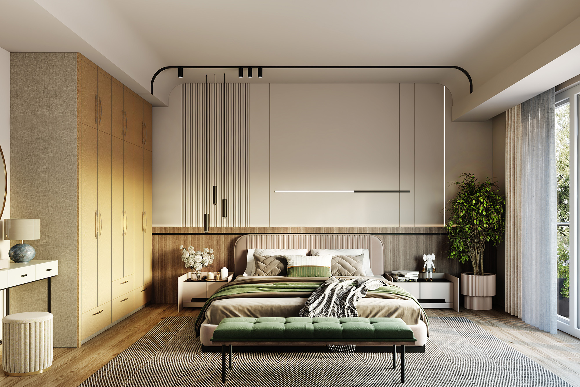 Master Bedroom Design With Upholstered Bed And Modern Wardrobes | Livspace