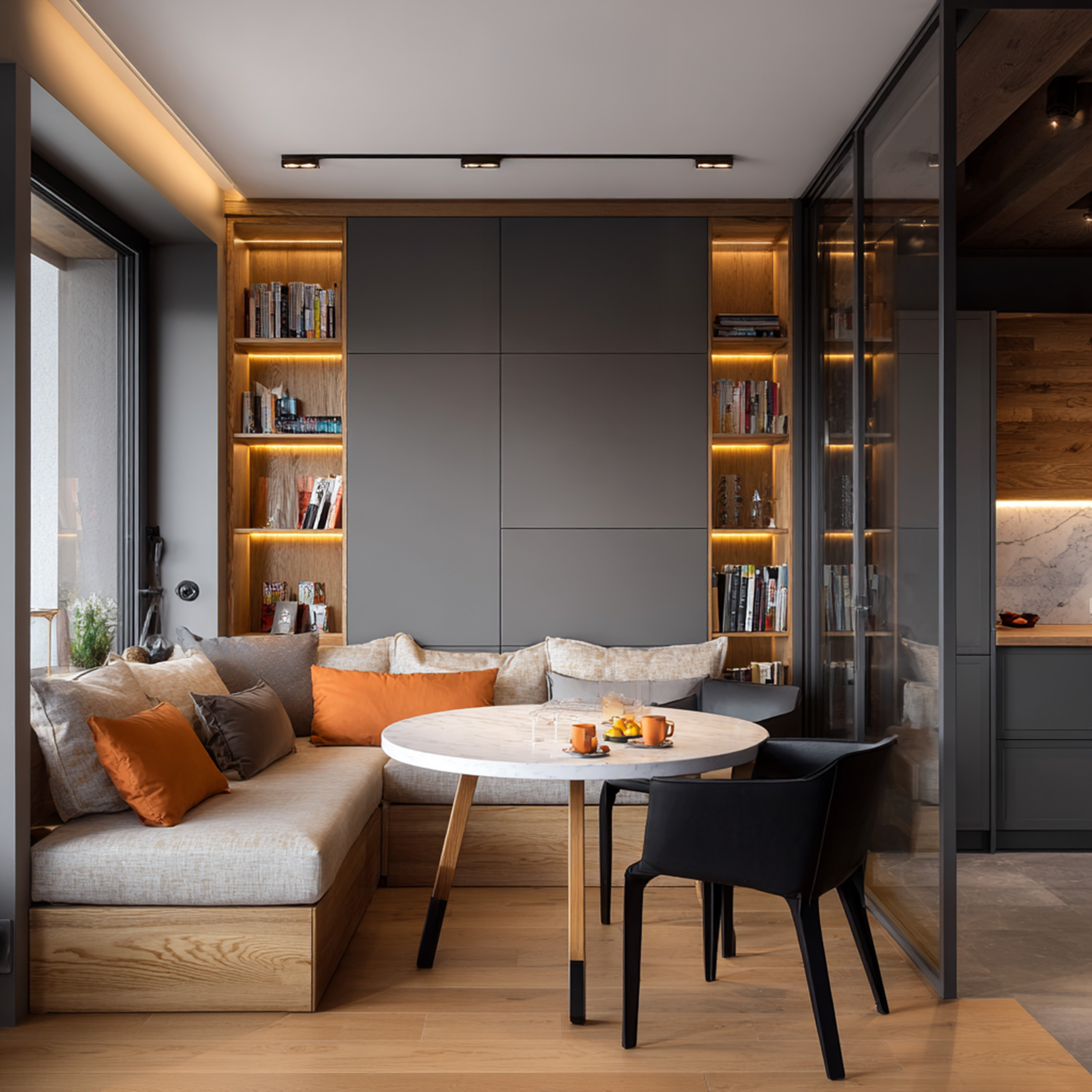 L-Shaped Bench Space Saving Design With Backlit Shelves and Table ...