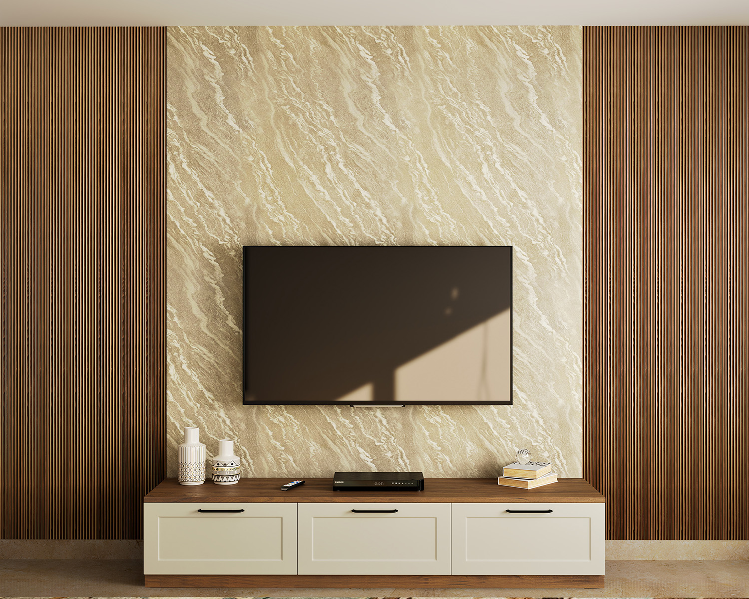 Beige Modern TV Unit Design with Vertical Cabinets and Marble-Like Wall ...