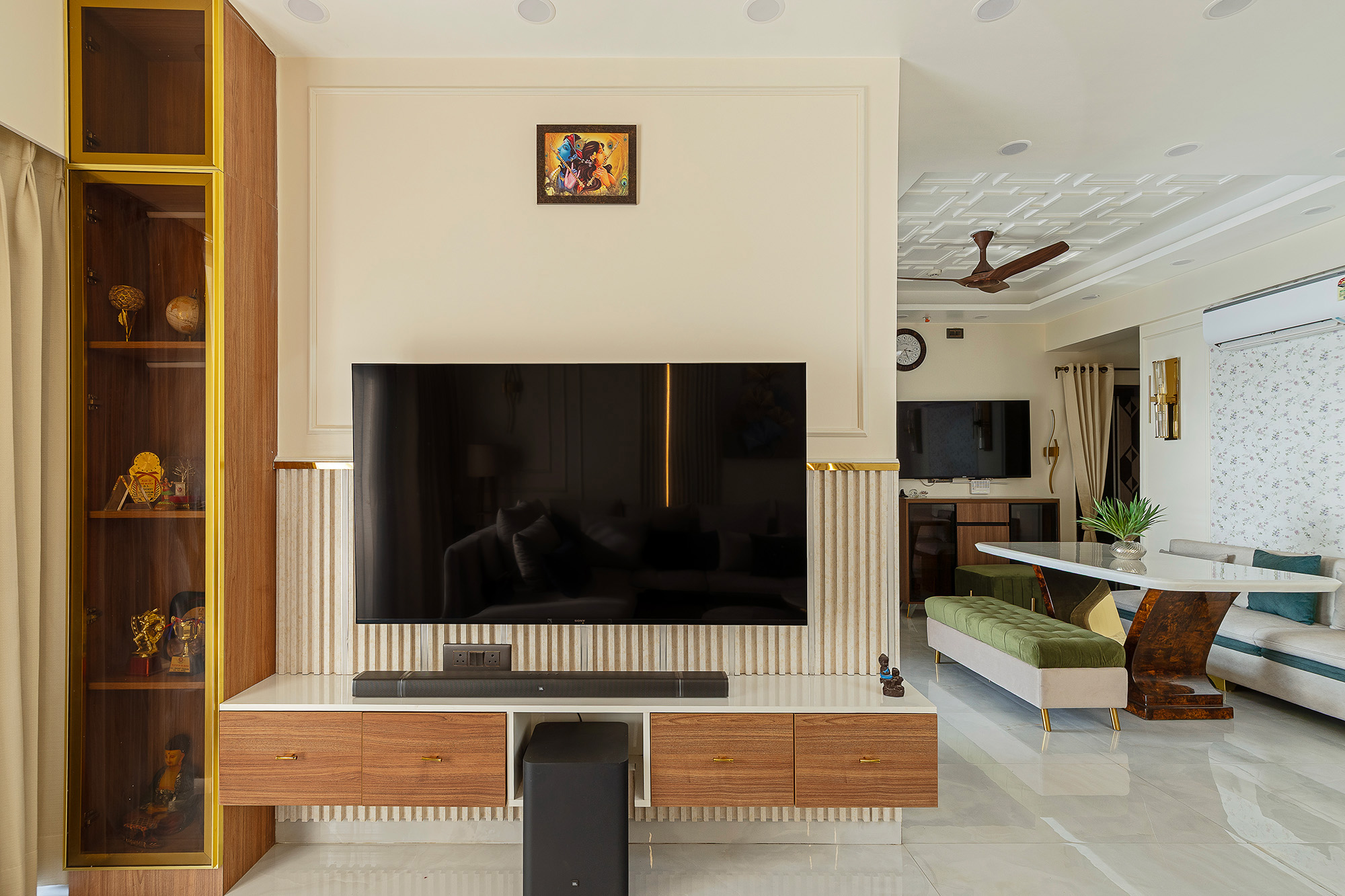 Wood and White Contemporary Tall TV Unit Design with Glass Display and ...