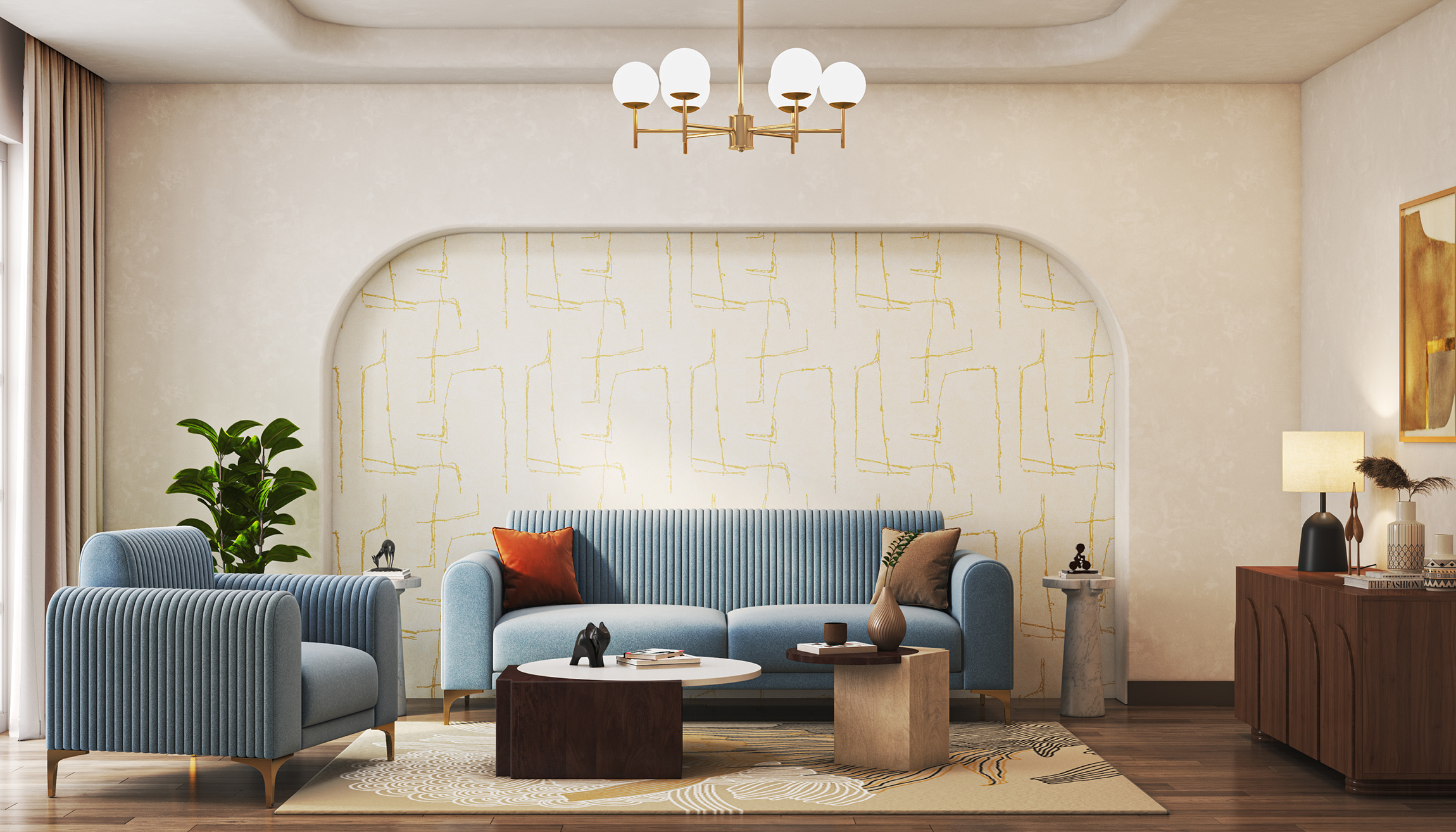 Beige Modern Arch Niche Wall Design with Golden Wallpaper Lines | Livspace