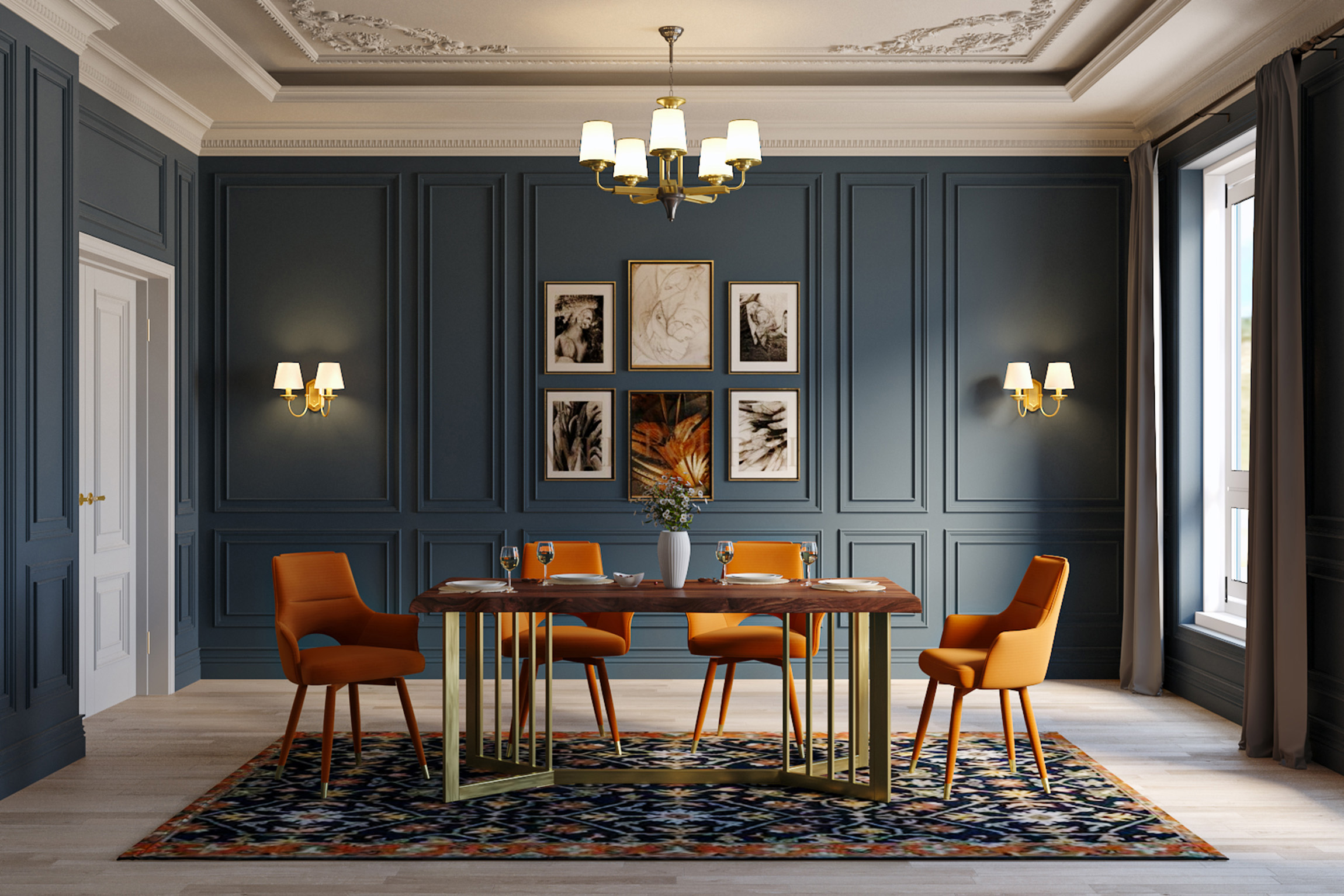 Deep Blue Classic Wall Paint Design with Paneled Detailing for Foyer ...