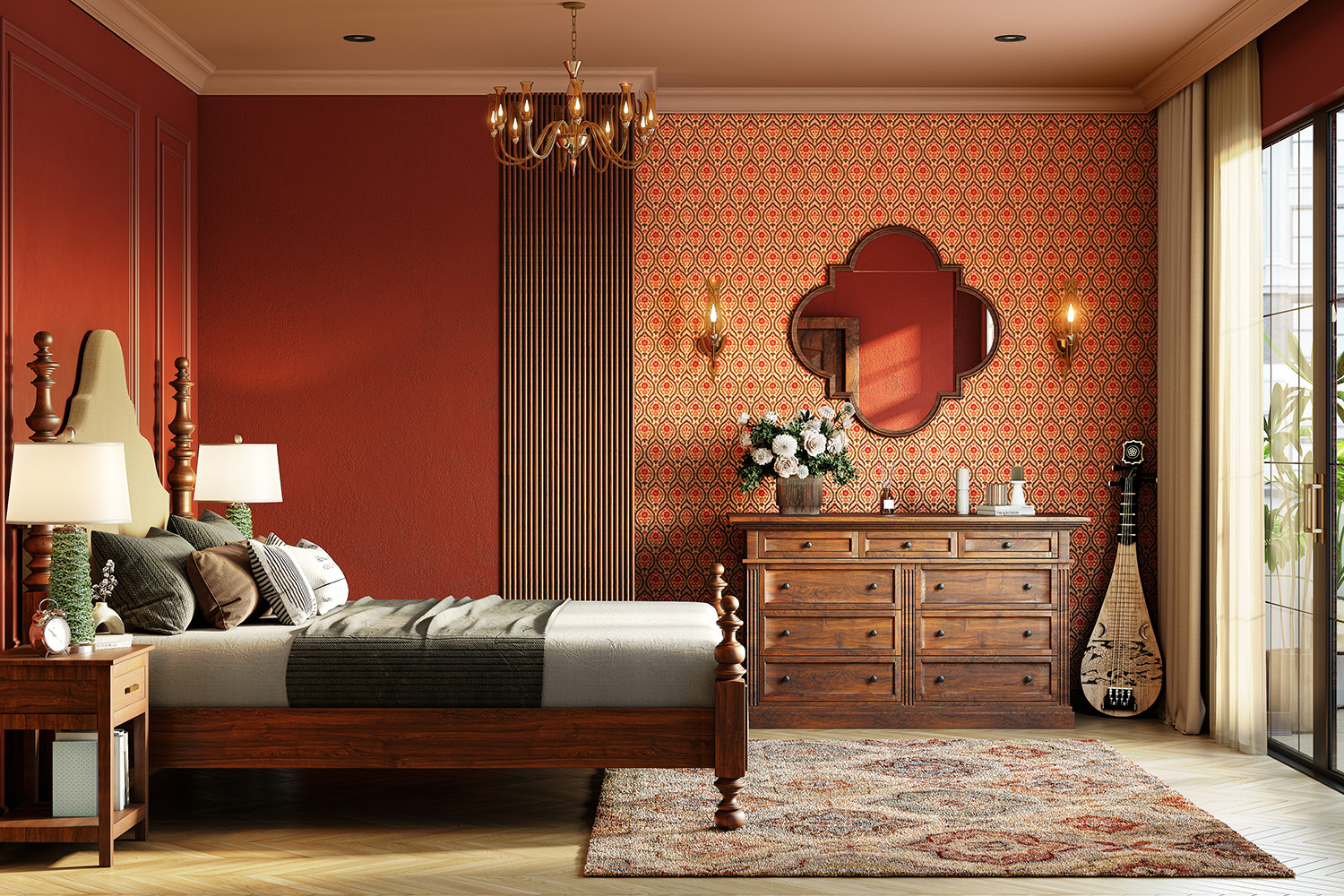 Terracotta Red Classic Wall Paint Design With Wooden Wall Panelling and ...