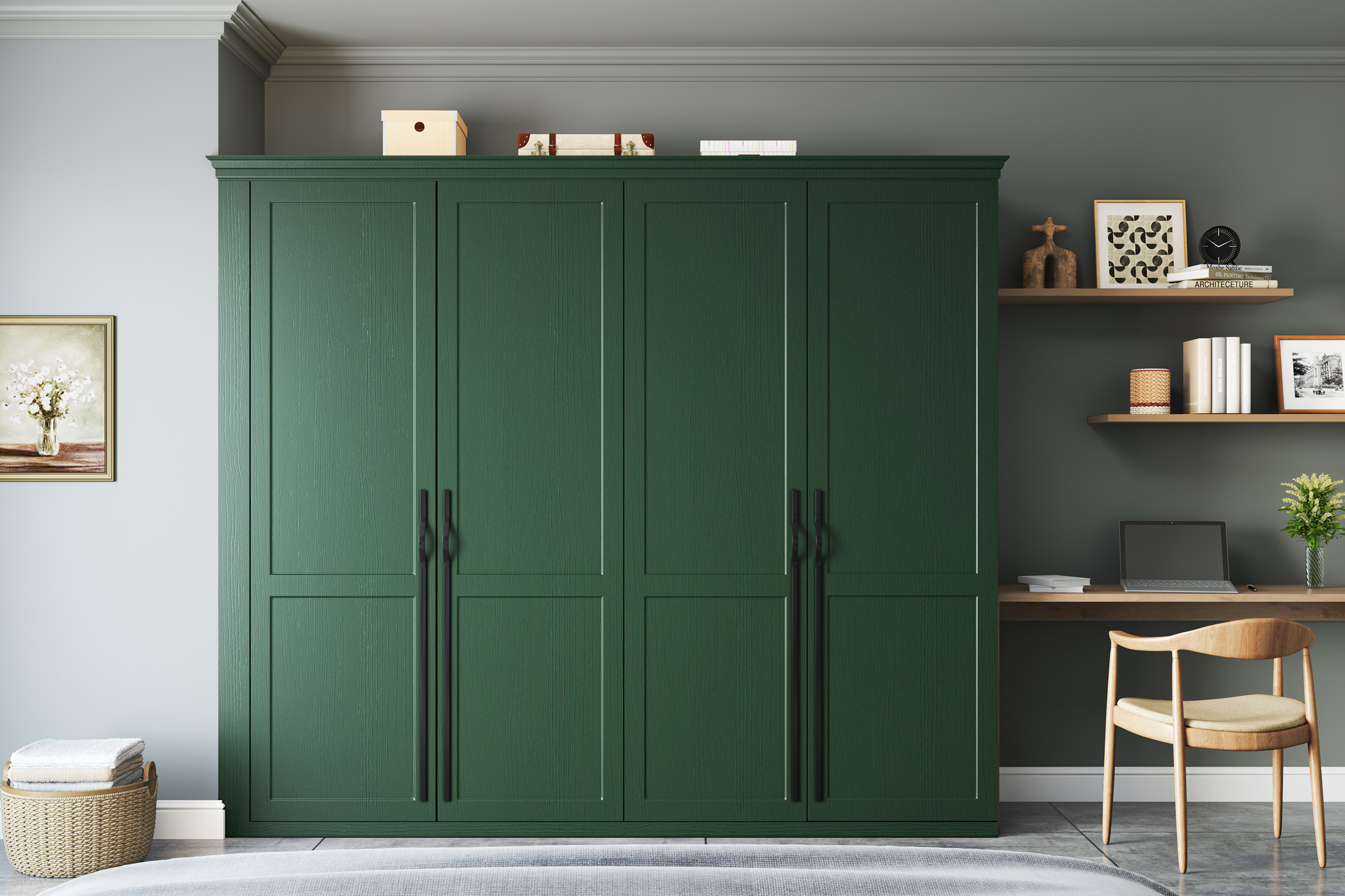 Matte Green 4-Door Classic Wardrobe Design With Black Handles | Livspace