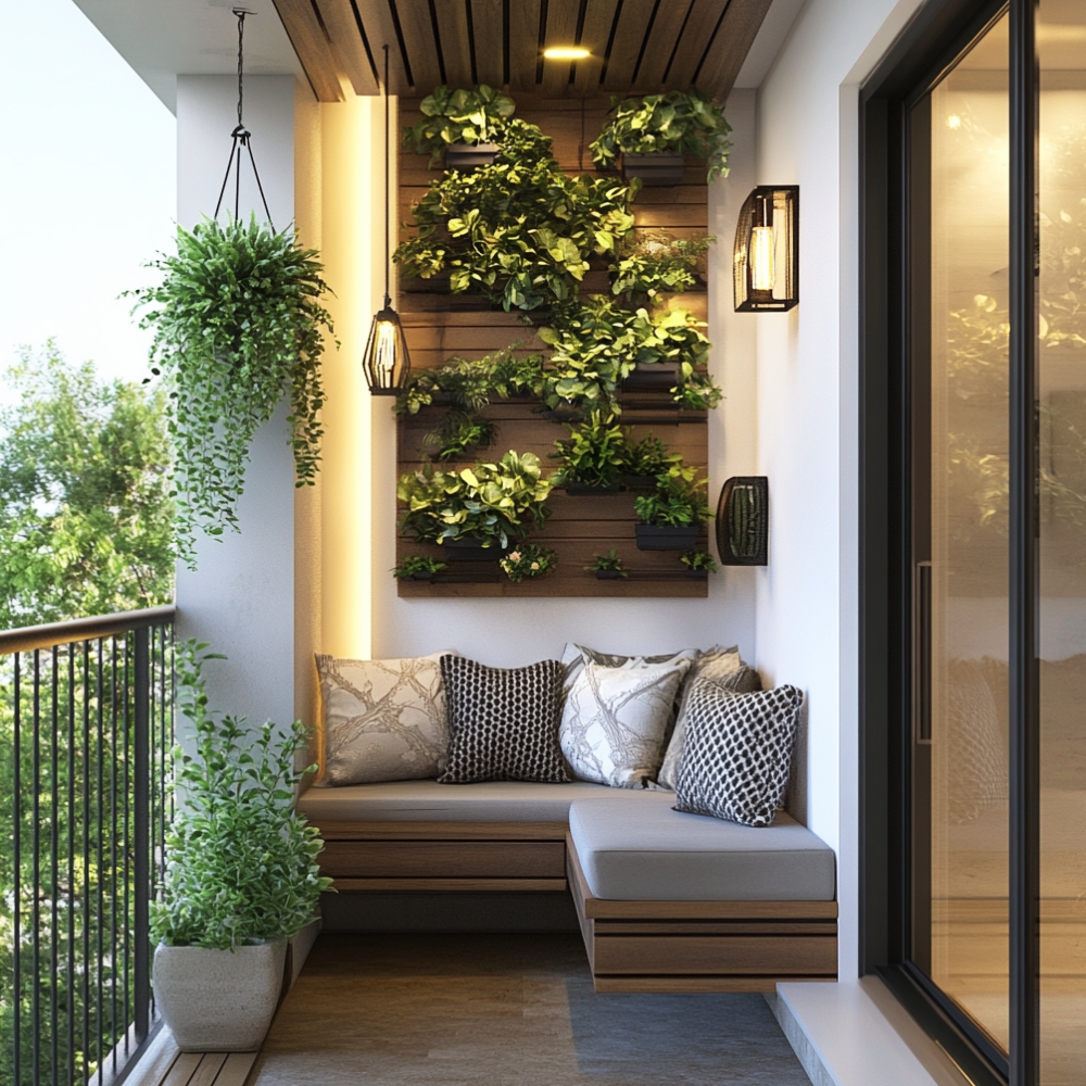 Balcony Design in Tropical Style with LED Lighting, Wooden Planter and ...