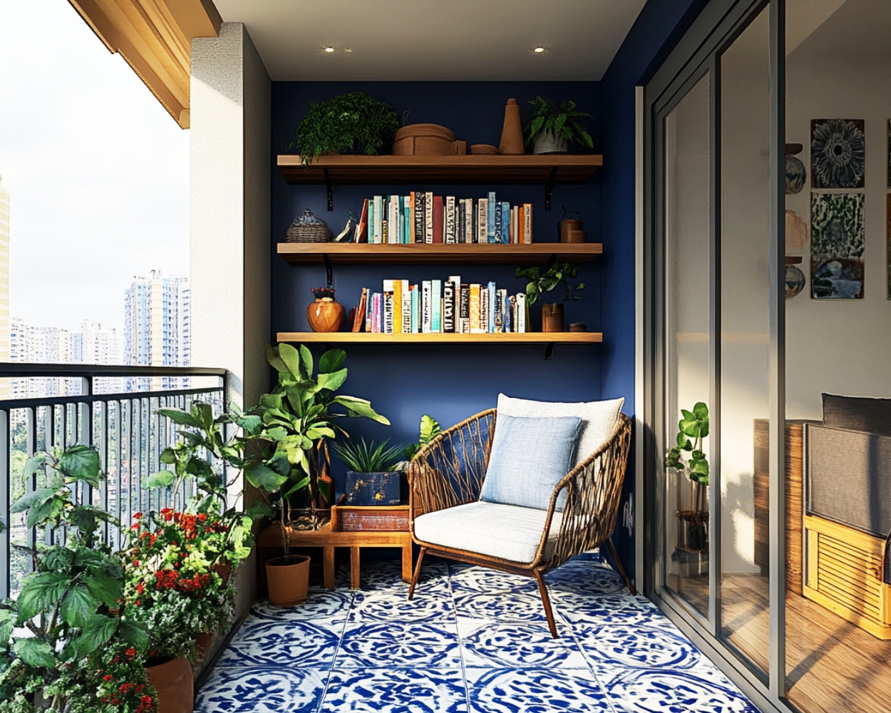 Balcony Design with Bohemian Navy Wall, Wooden Shelves, Mediterranean ...