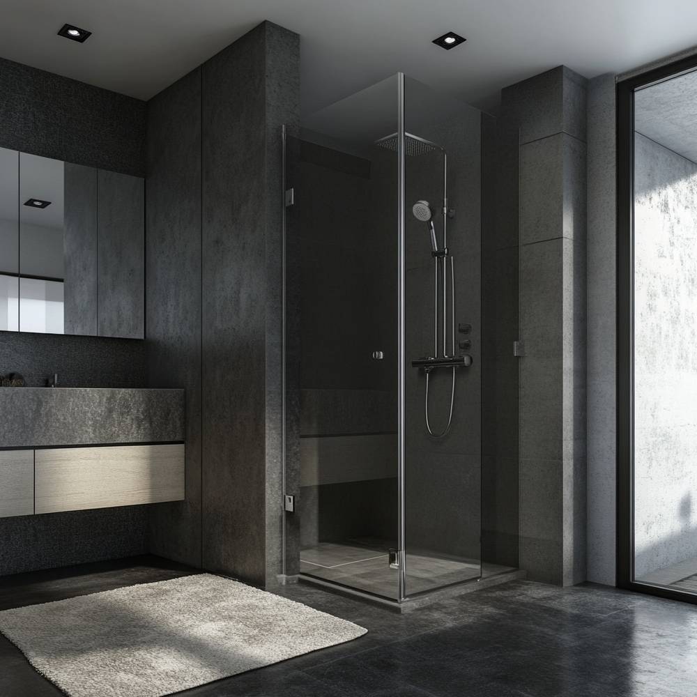 "Rustic Bathroom Design with Grey Tiles, Suede Finish Vanity and Square ...