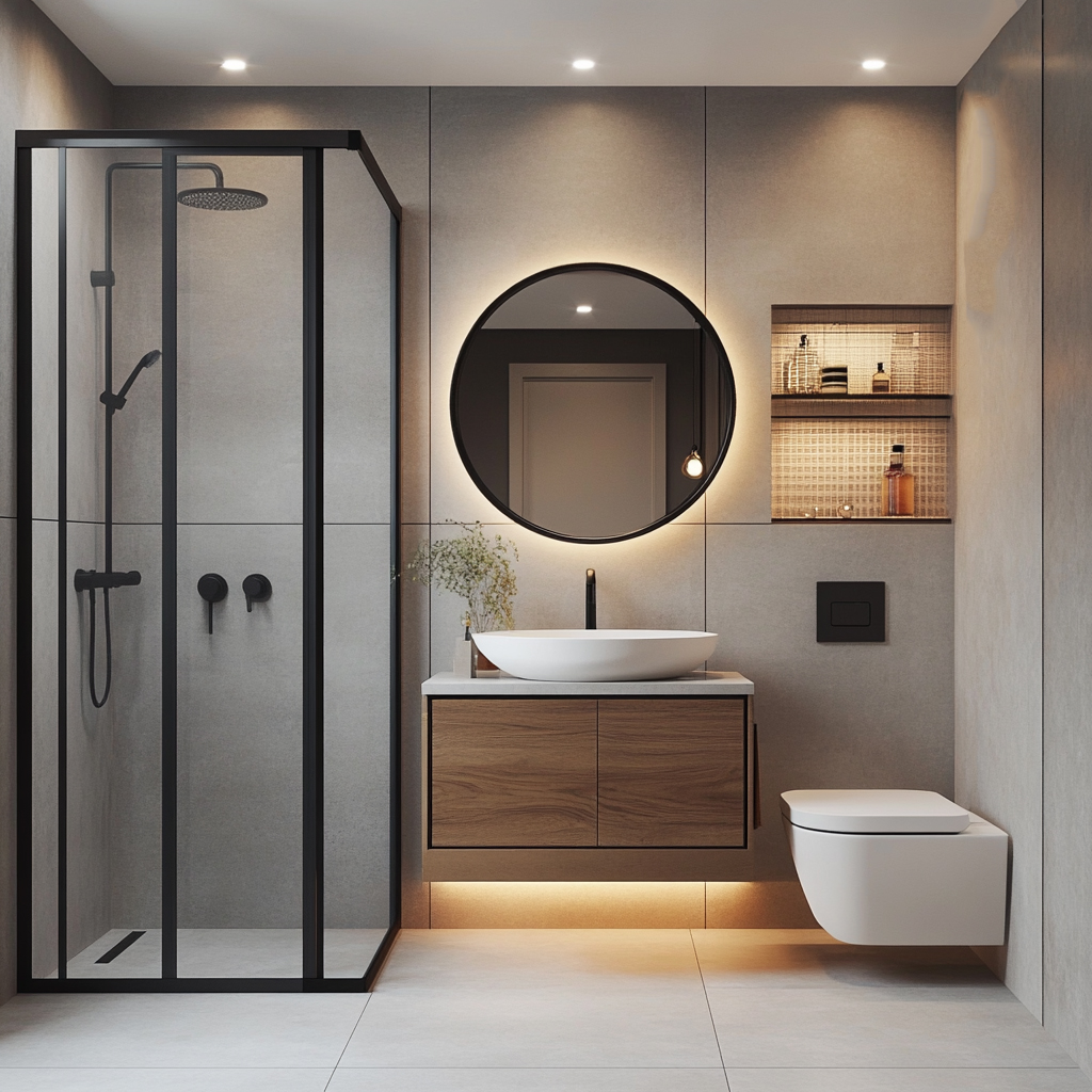 Bathroom Design with Modern Round Mirror, Light Grey Tiles and Drawer ...