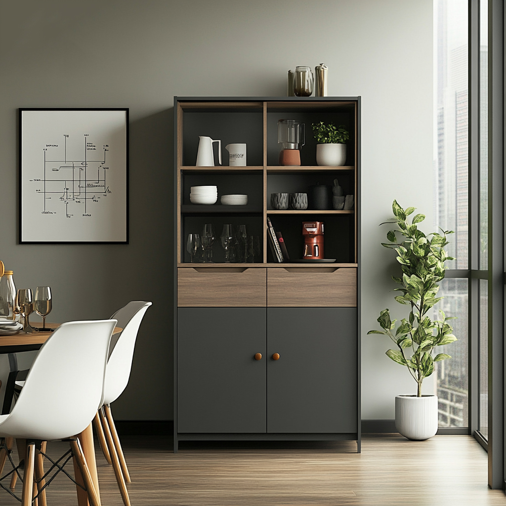 Grey and Wood Crockery Unit Design with Modern Pull-Out Drawers, Open ...