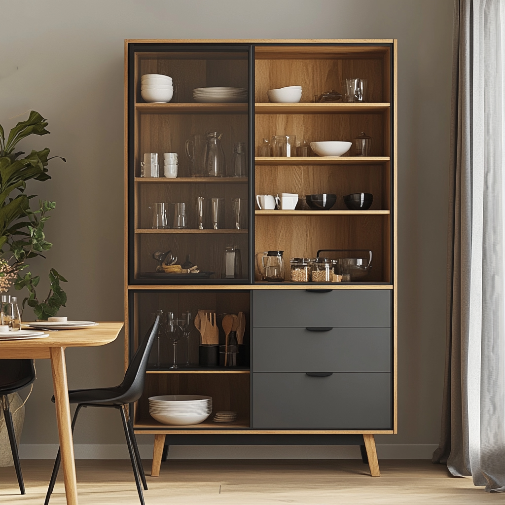 Crockery Unit Design in Mid-Century Modern Style with Open Shelves and ...