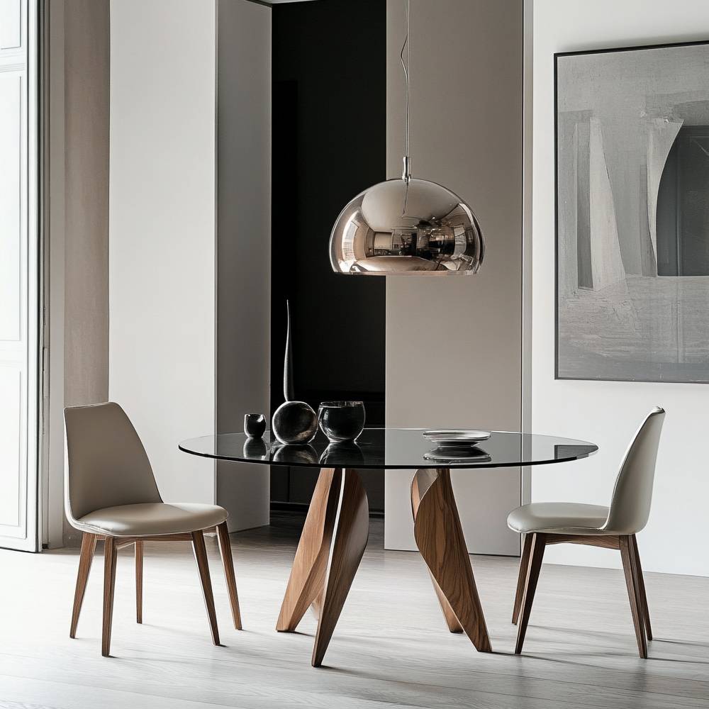 Minimal Dining Room Design with Glass Pedestal Table and Leather Chairs ...