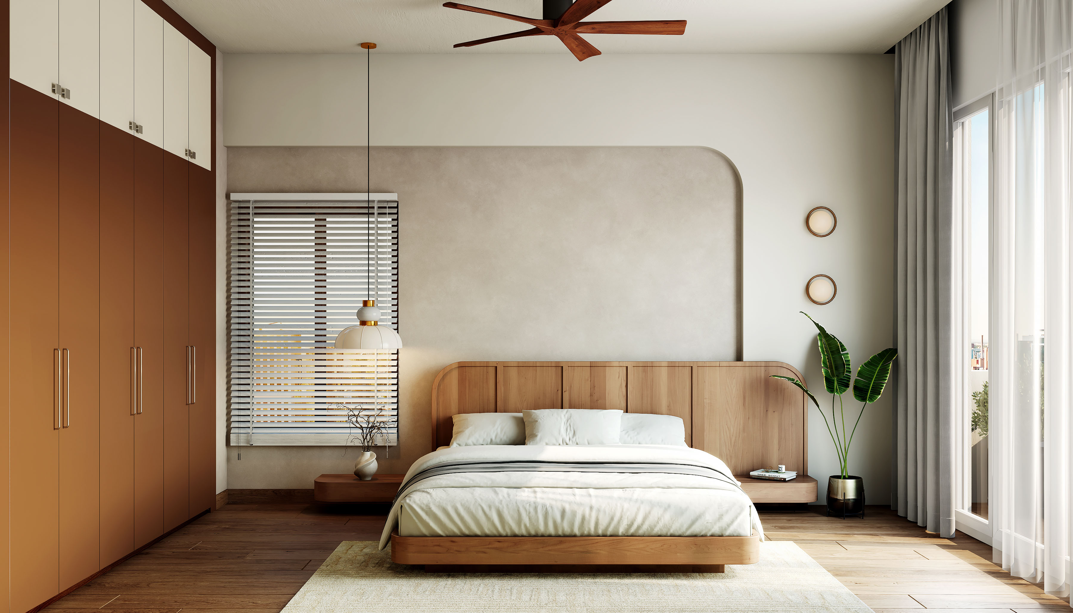 Guest Bedroom with Contemporary Wooden Headboard and Wall-Mounted ...