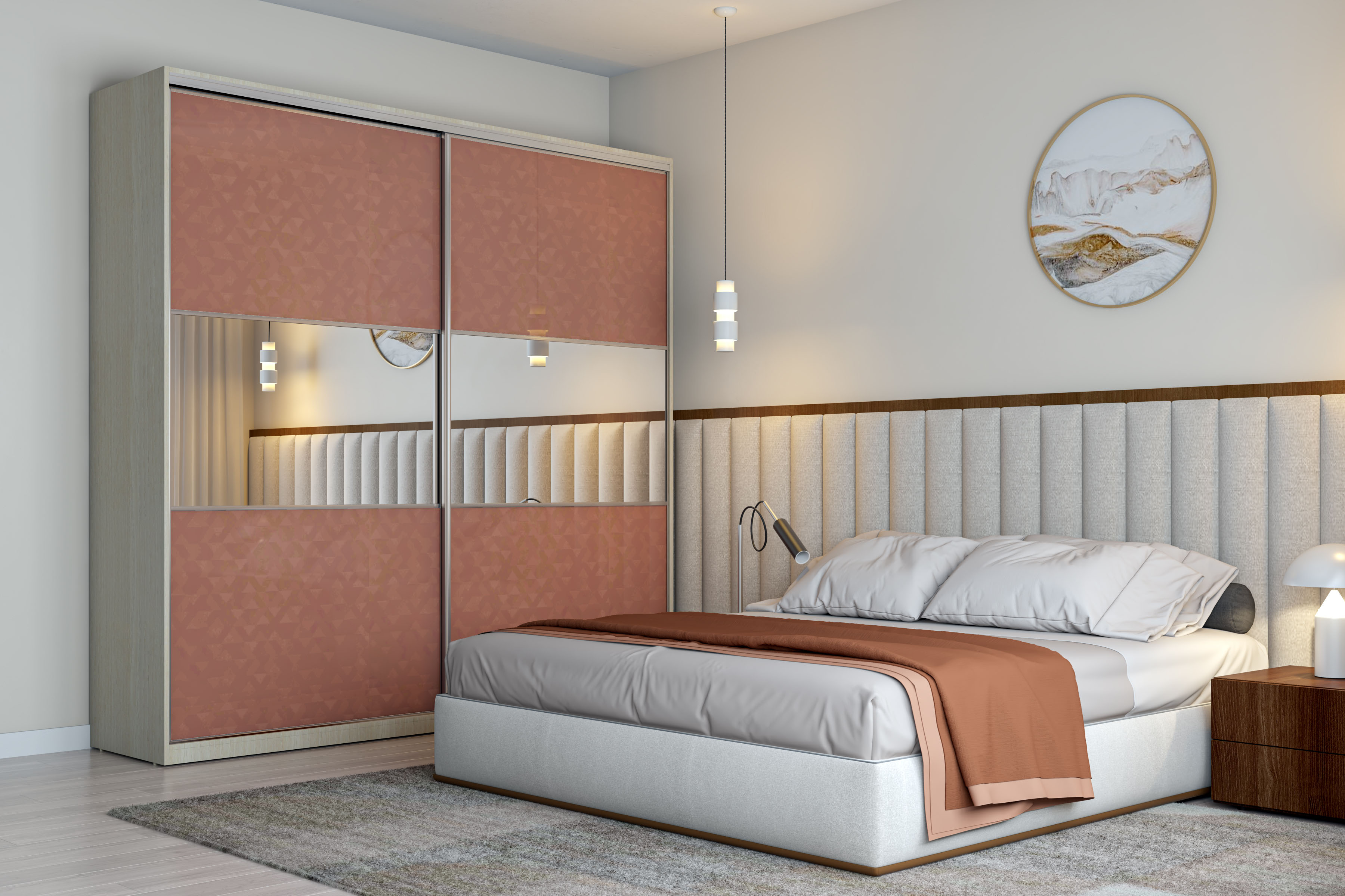 Guest Bedroom Design with Modern Channel-Tufted Headboard and Abstract ...