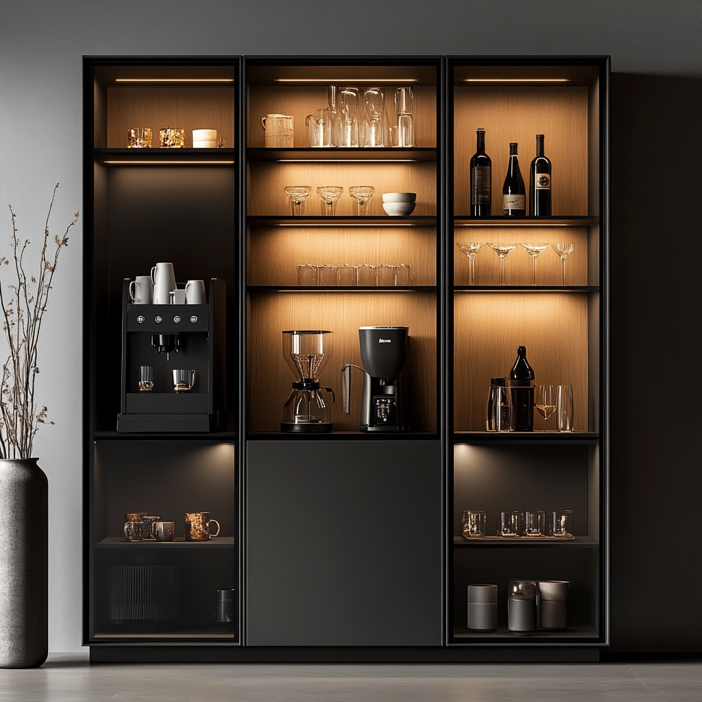 Home Bar Unit Design with Modern Suede Finish and LED-Backlit Shelving ...