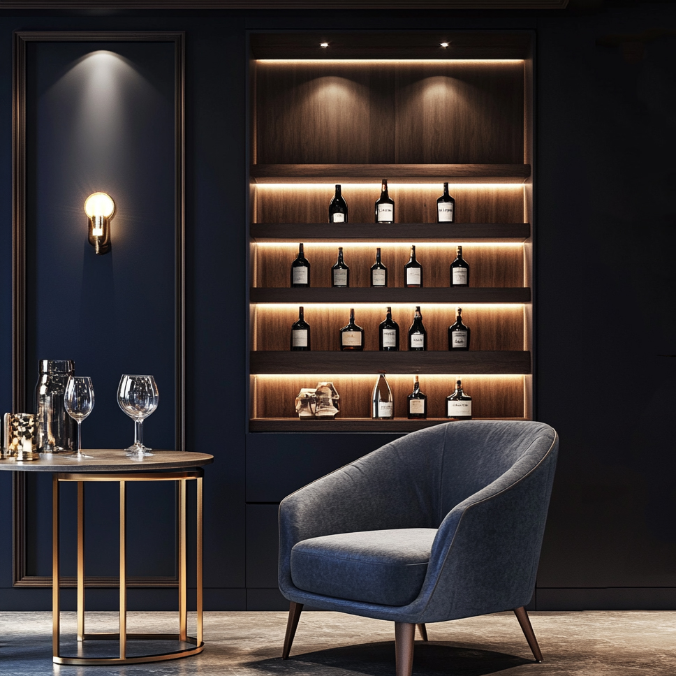 Walnut Home Bar Design with Classic Open Shelving and Glassware Display ...